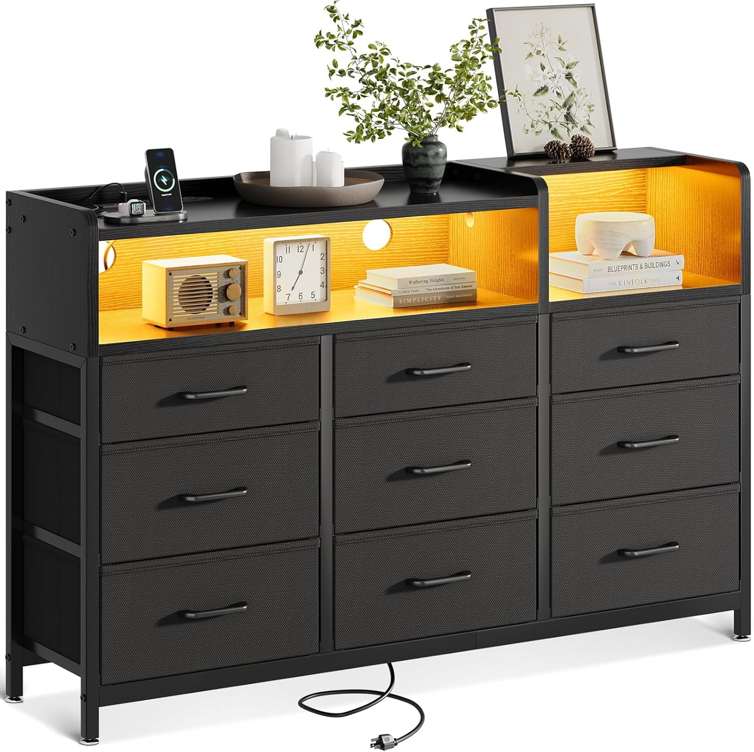 Casaottima Dresser for Bedroom with LED Lights, 9 Drawer Bedroom ...