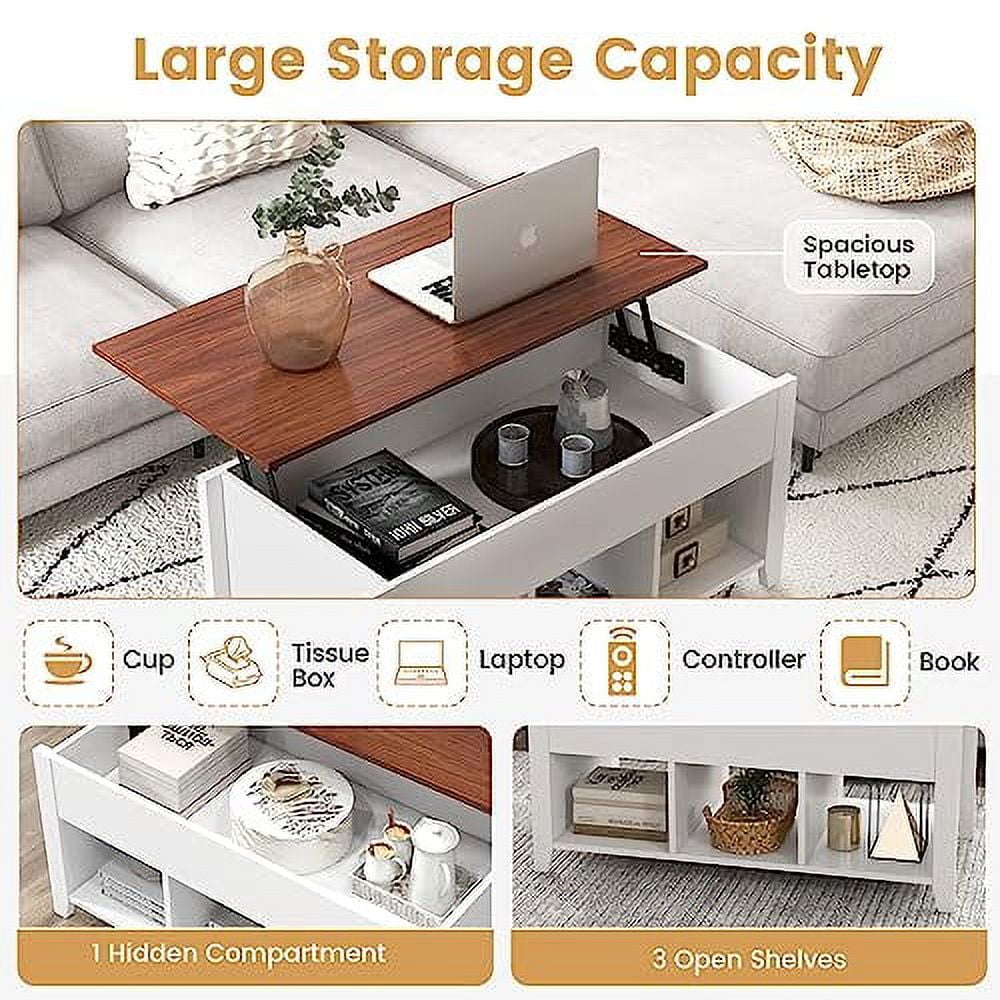 Casart Coffee Table with Hidden Storage Compartment, Display Shelves ...