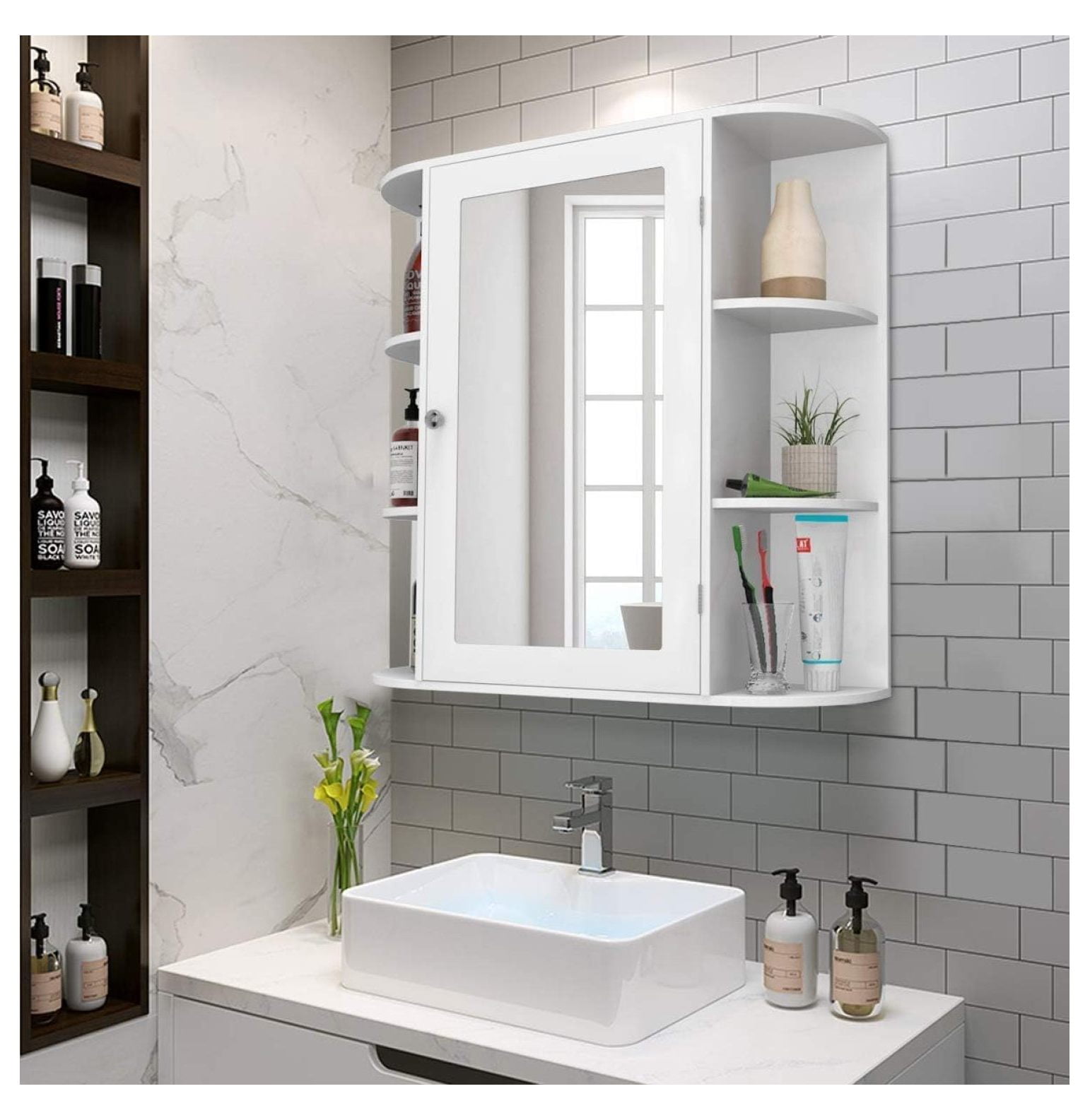 Casart Wall Mounted Bathroom Cabinet with Mirror, Single Door Medicine Cabinet with 4-Tier Inner ...