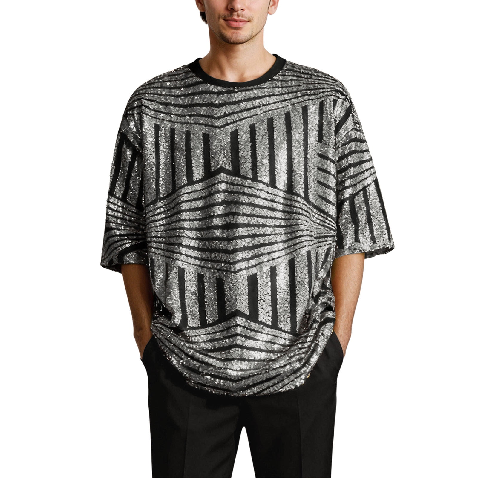 Casaul Pullover for Men Short Sleeve T Shirt Sparkling Sequins Round ...