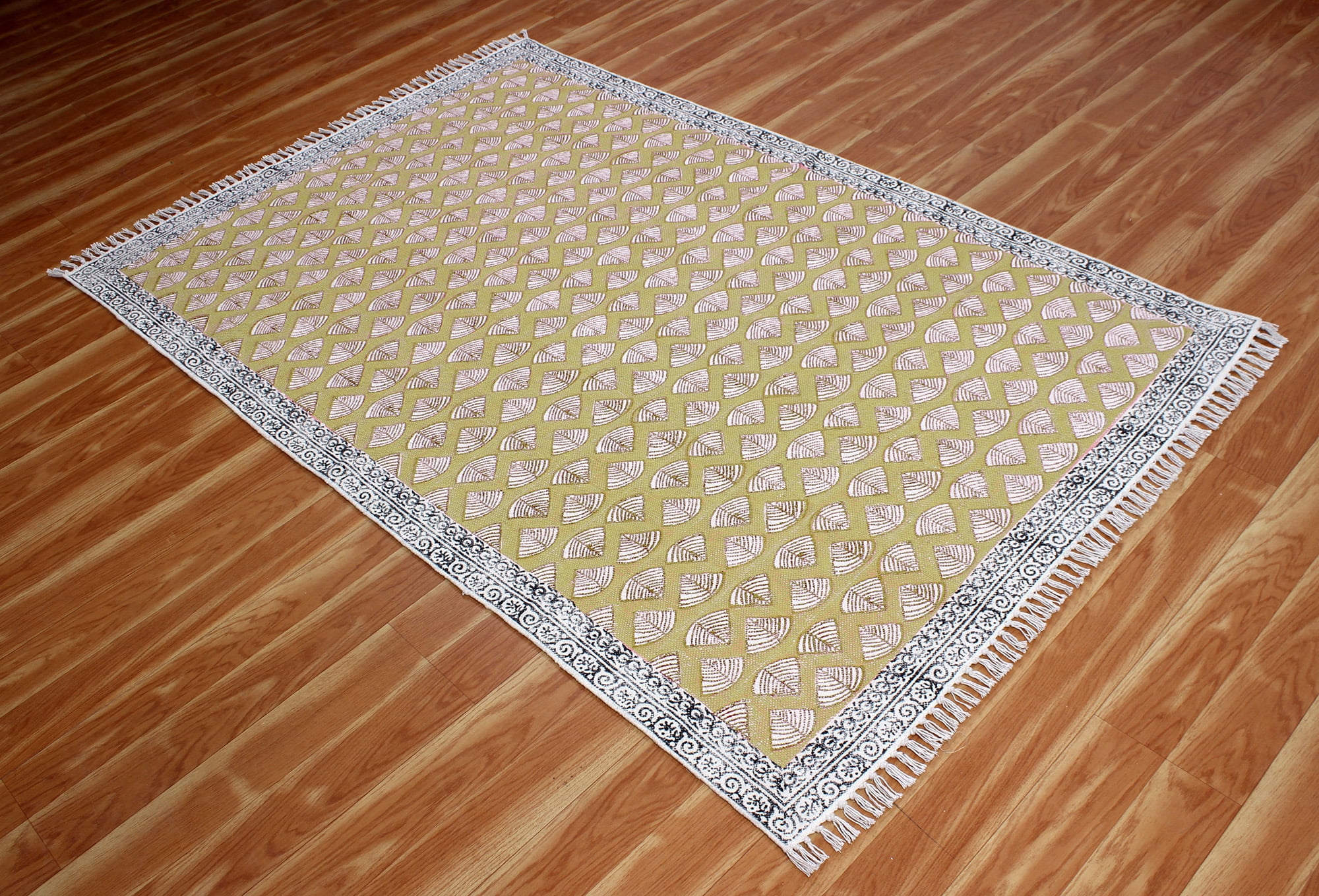 Casavani - 4'x15' Handblock Printed Yellow Cotton Dhurrie Runner Area ...