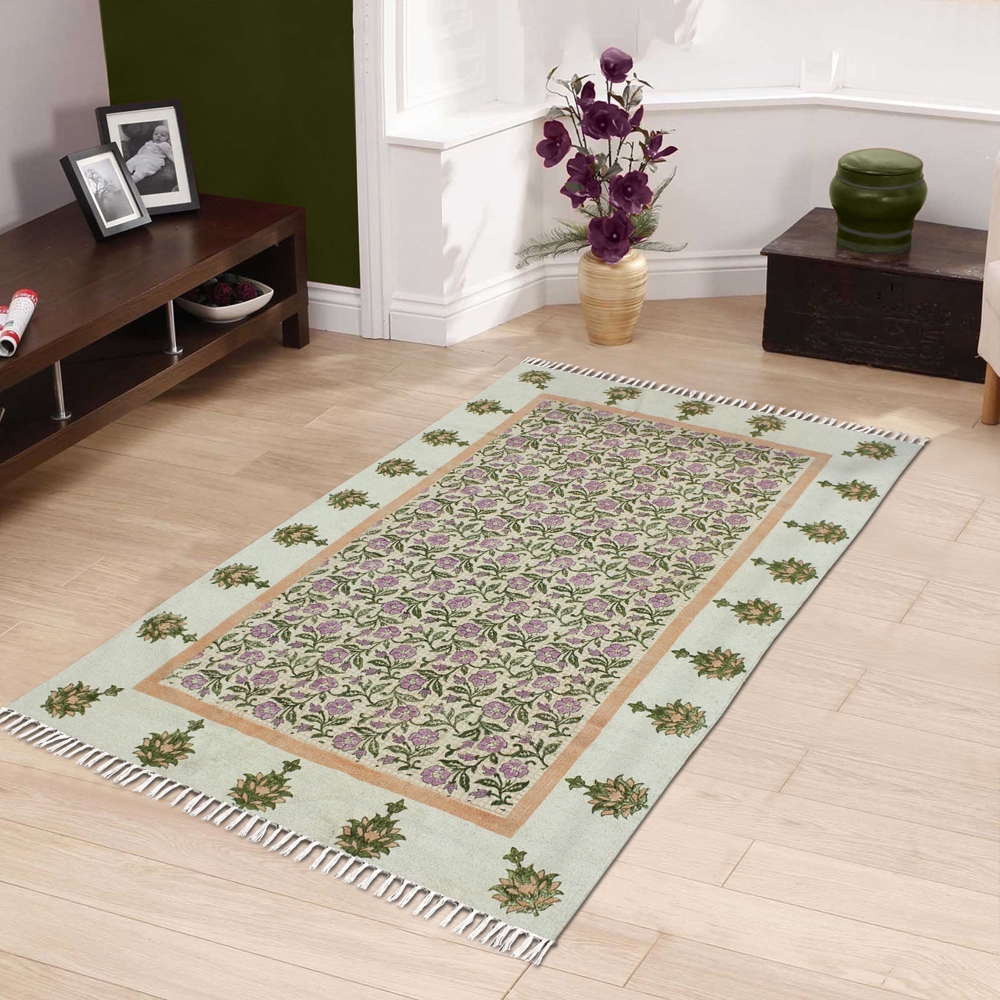 Casavani Block Printed Rug Traditional Carpet, Green 12x12 feet ...