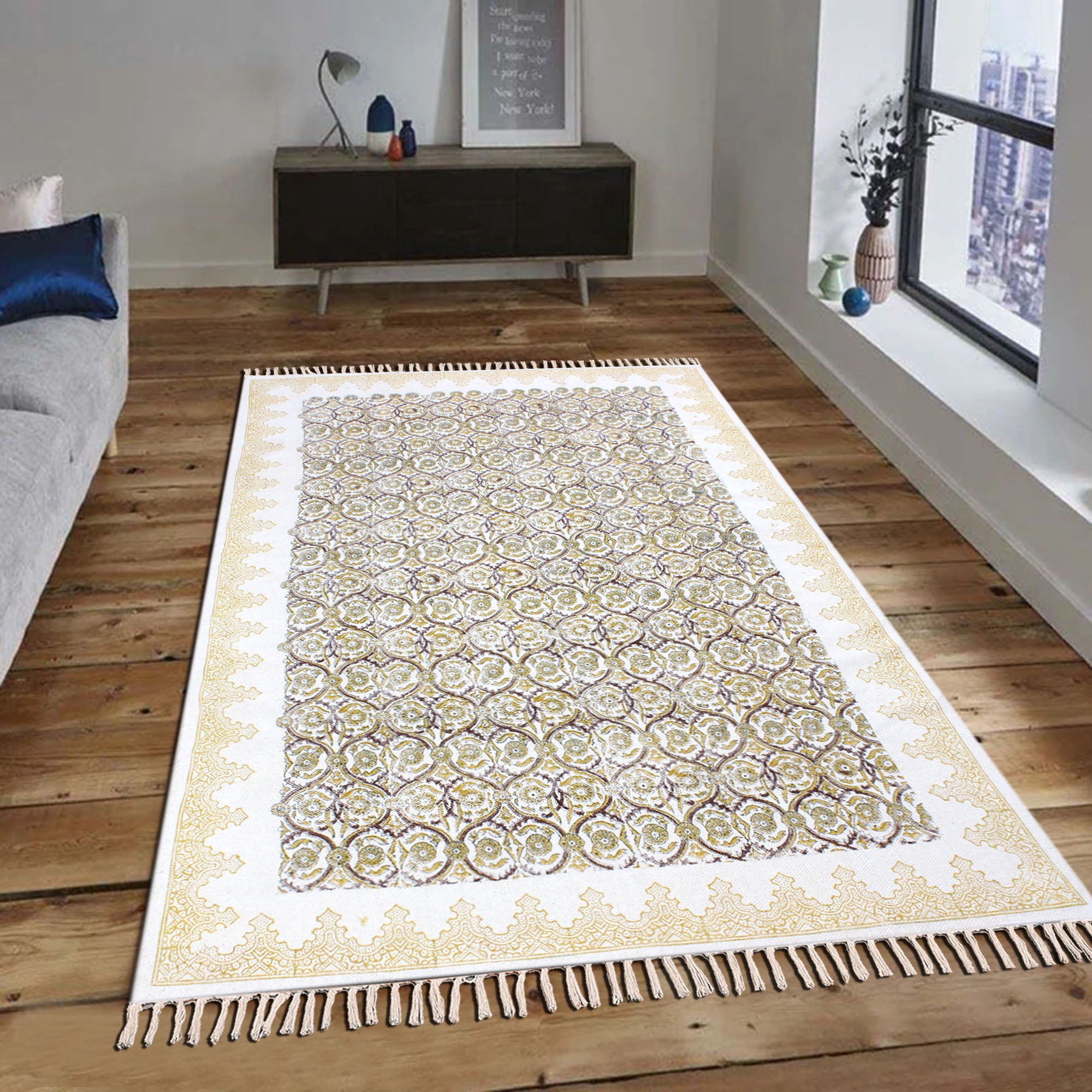 Casavani Hand Block Printed Cotton Floor Rug,Yellow 9x9 feet - Walmart.com