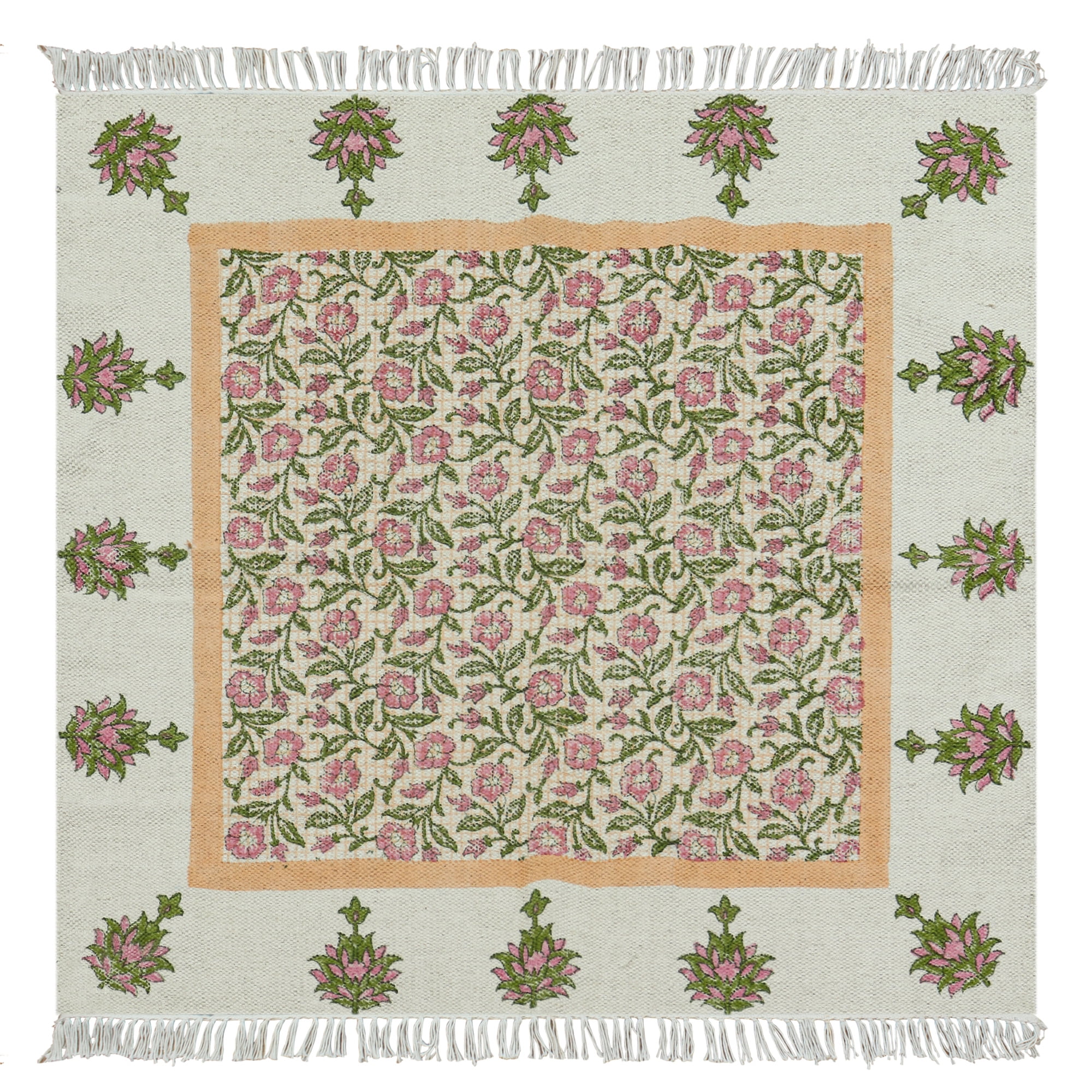 Casavani Hand Block Printed Cotton Green Area Rugs 8'x8' Square Area ...