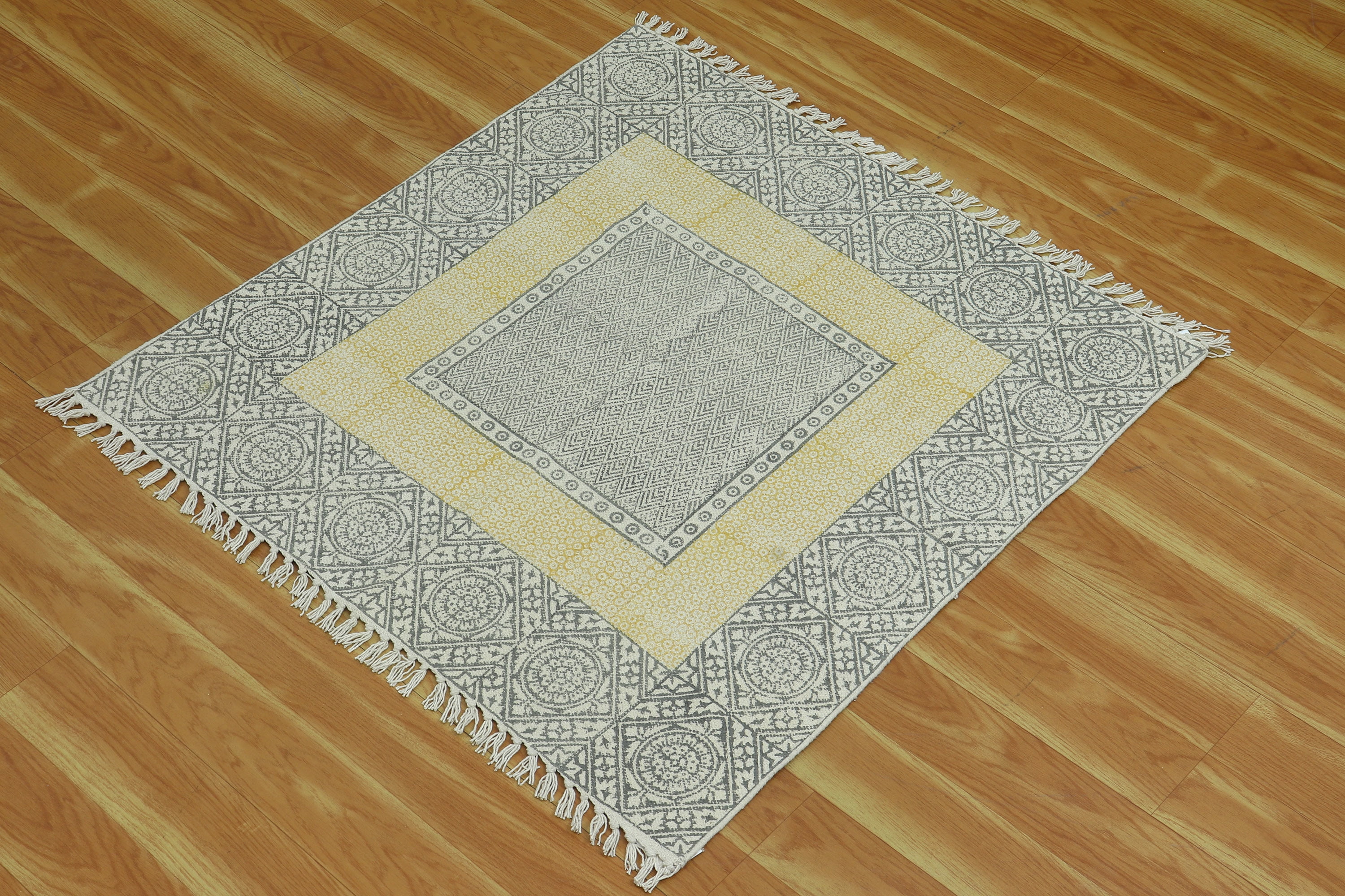 Casavani Hand Block Printed Yellow Cotton Square Dining Room Carpet ...