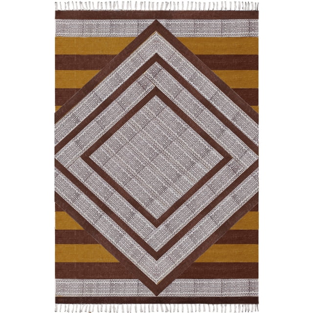 Casavani Handblock Printed Brown Cotton Rug Square Dining Room Carpets ...