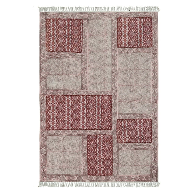 Casavani Handblock Printed Cotton Kilim Rug 5x7 Red Beige Area Rug ...