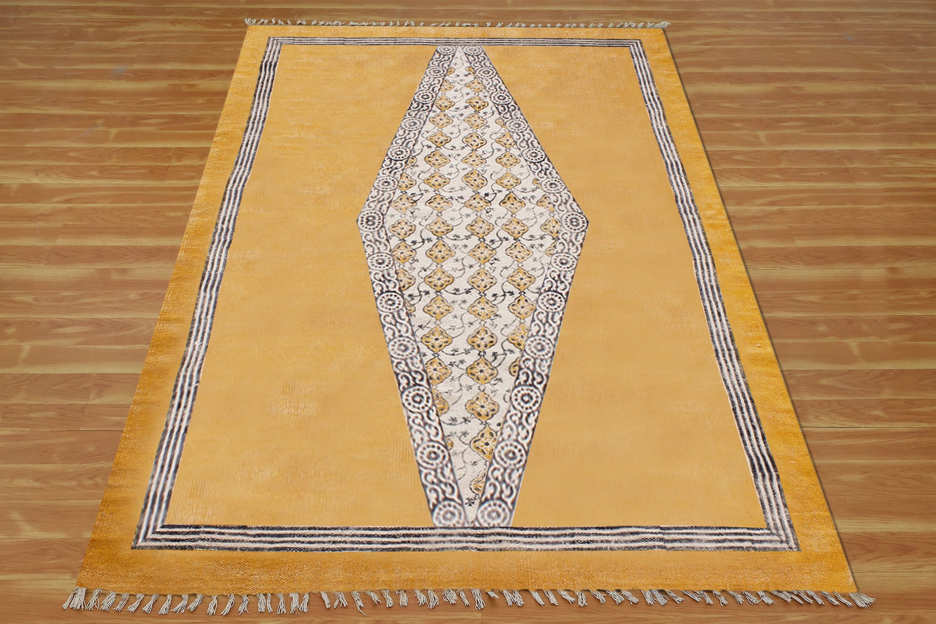 Casavani Handmade Block Printed Cotton Dhurrie Yellow Living Room Floor ...