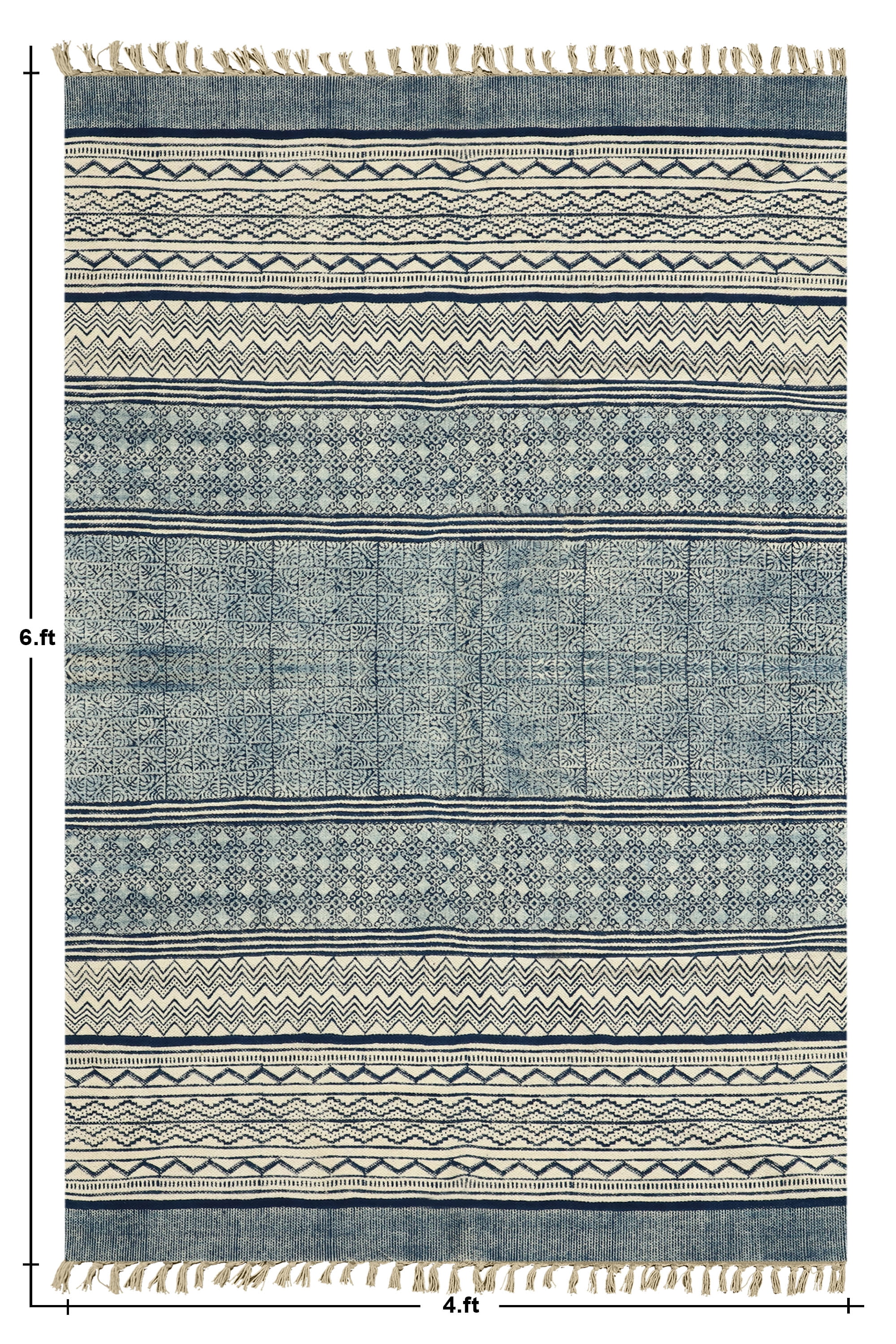 Casavani Handmade Blue Block Printed Cotton Indoor Outdoor Patio Rug ...