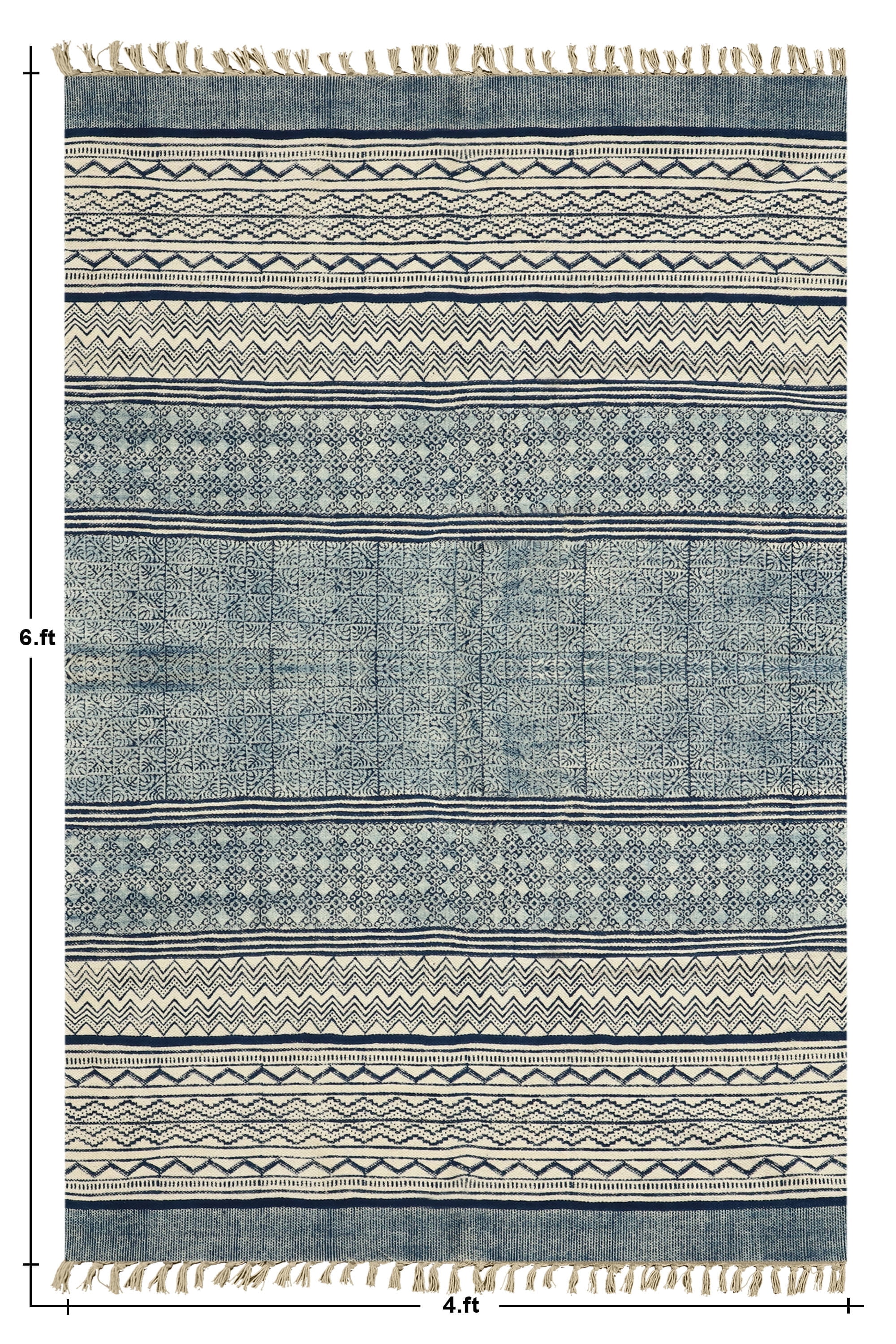Casavani Handmade Blue Block Printed Cotton Indoor Outdoor Patio Rug ...