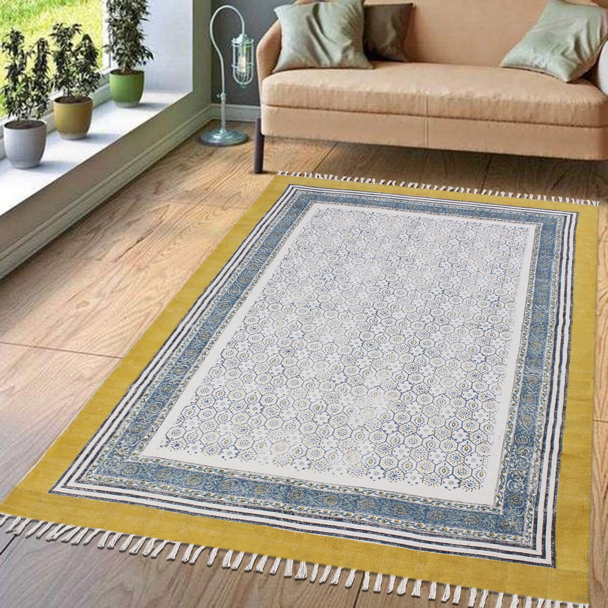 Casavani Pure Cotton Hand Made Kitchen Kilim, Yellow 10x14 feet ...