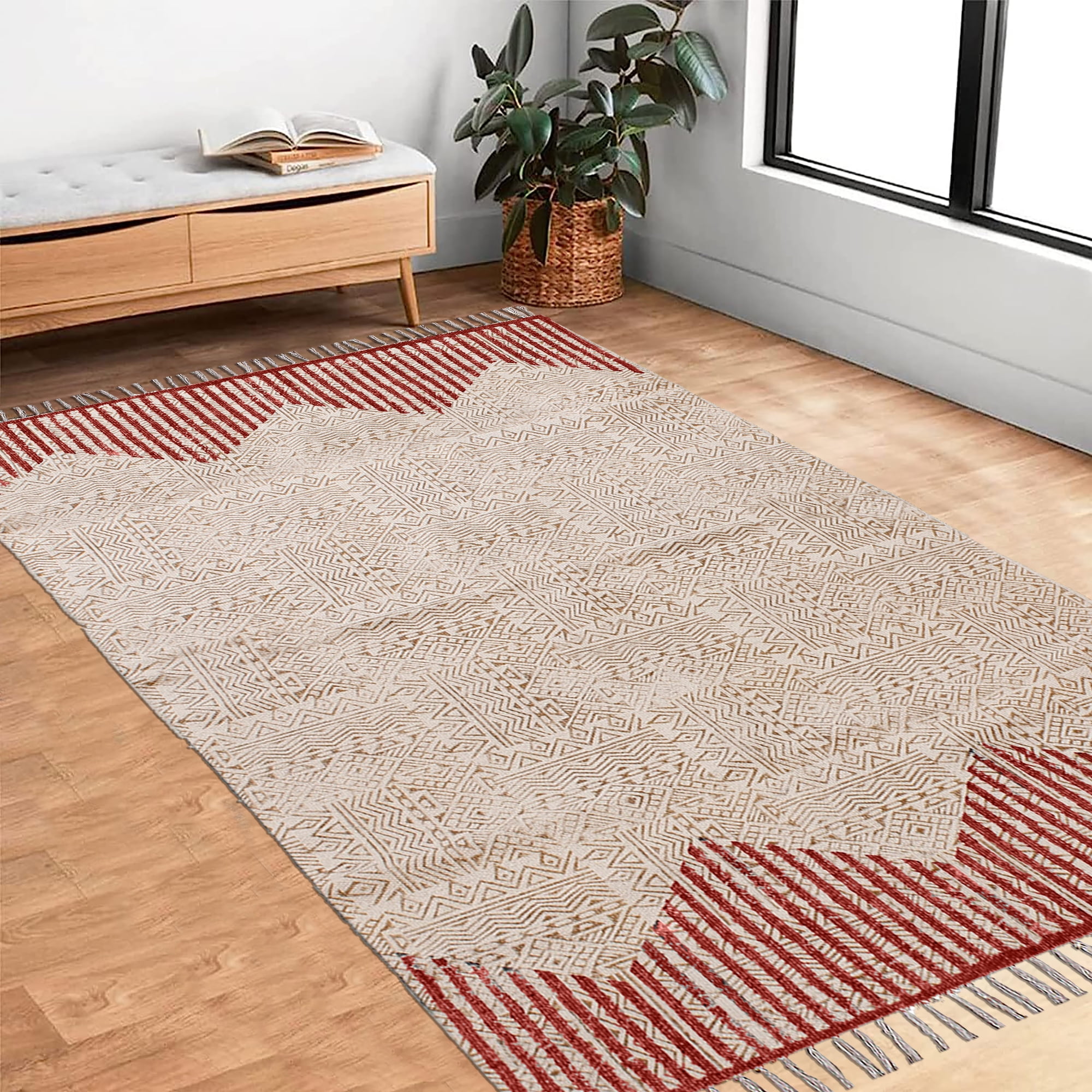 Casavani Red Block Printed Cotton Area Rugs for Bedroom and Living Room ...