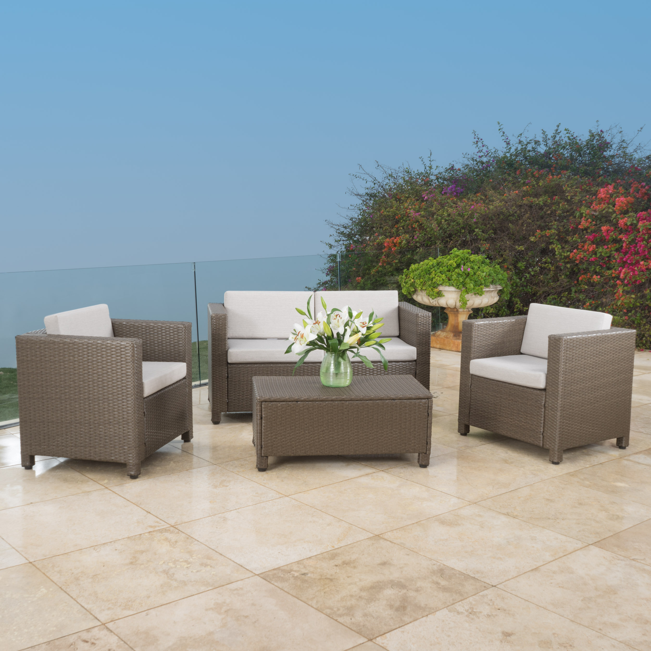 Cascada 4 Piece Wicker Chat Set with Cushions and Cover, Brown, Ceramic ...