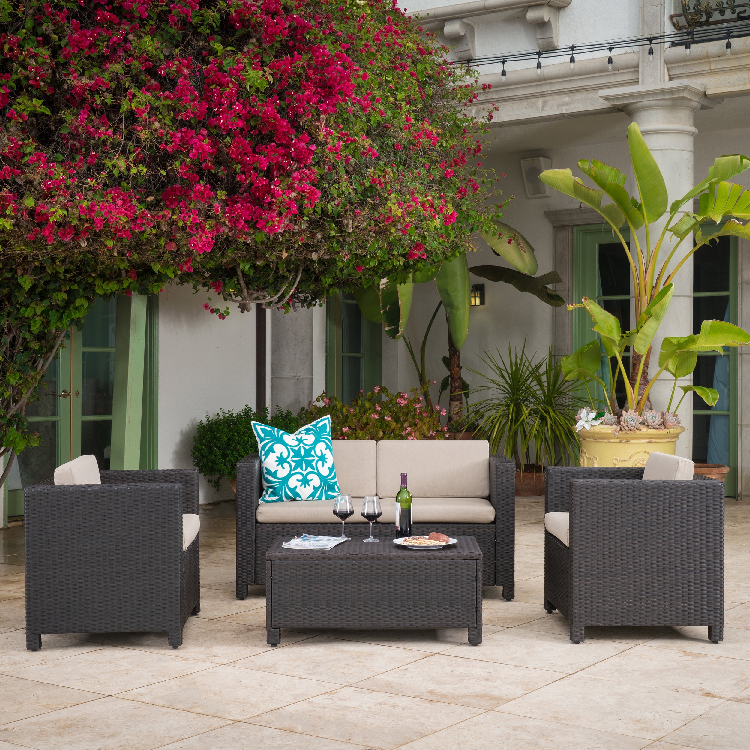 Cascada 4 Piece Wicker Chat Set with Cushions and Cover, Dark Brown ...