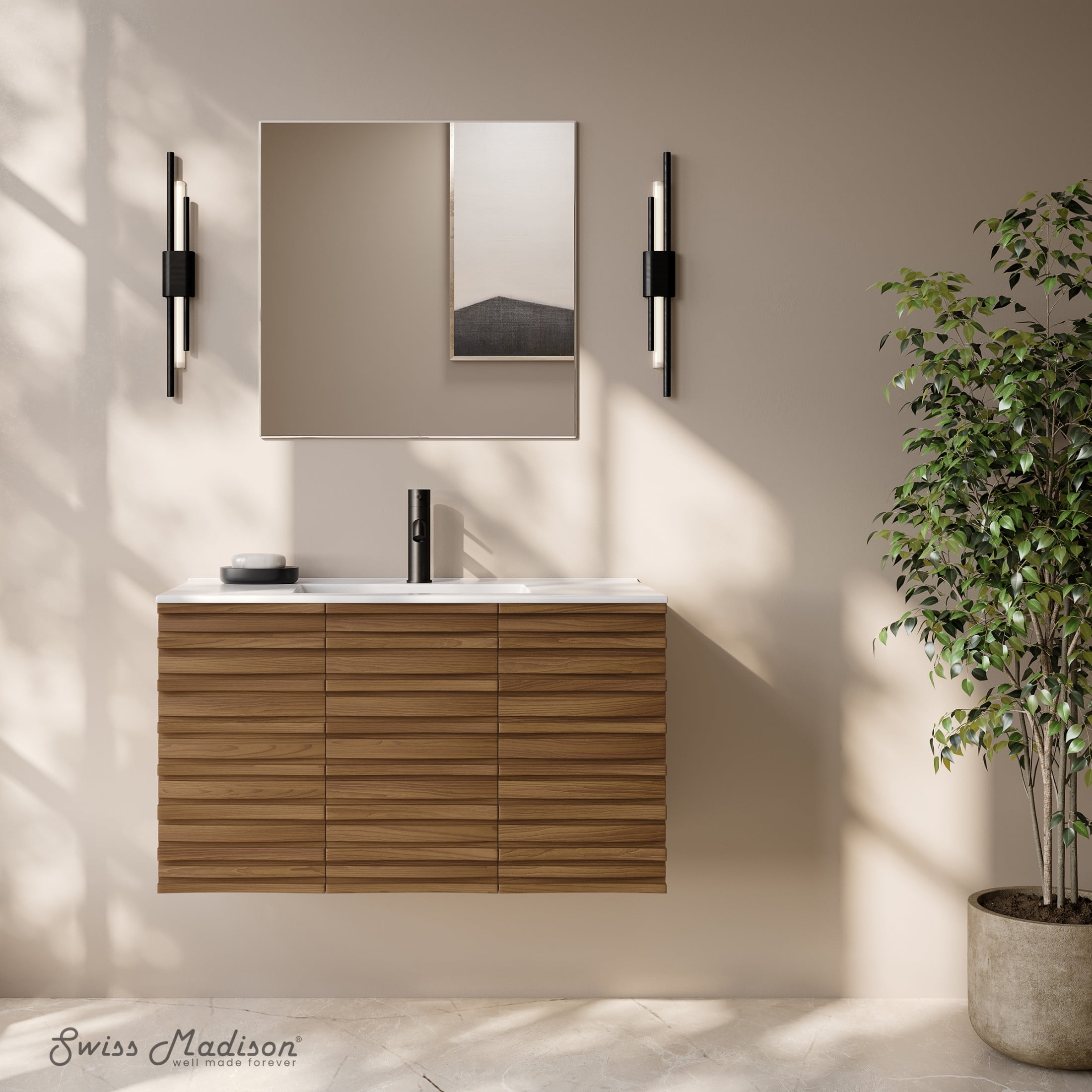 Cascade 36" Wall-Mounted Bathroom Vanity in Brown Oak with Sink Top ...