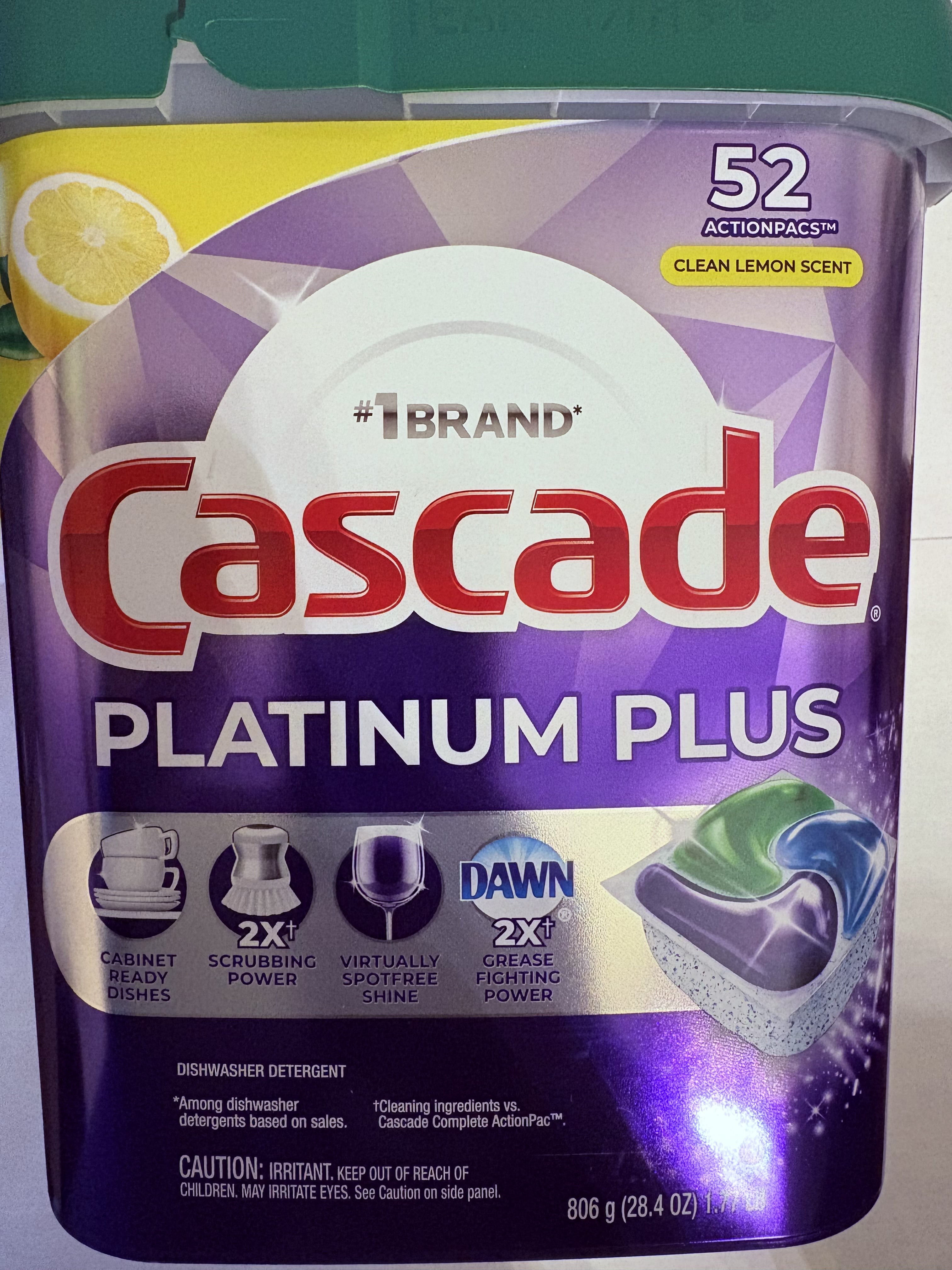 Cascade, Platinum Plus Dishwasher Pods, 52 ct, Clean Lemon Scent ...