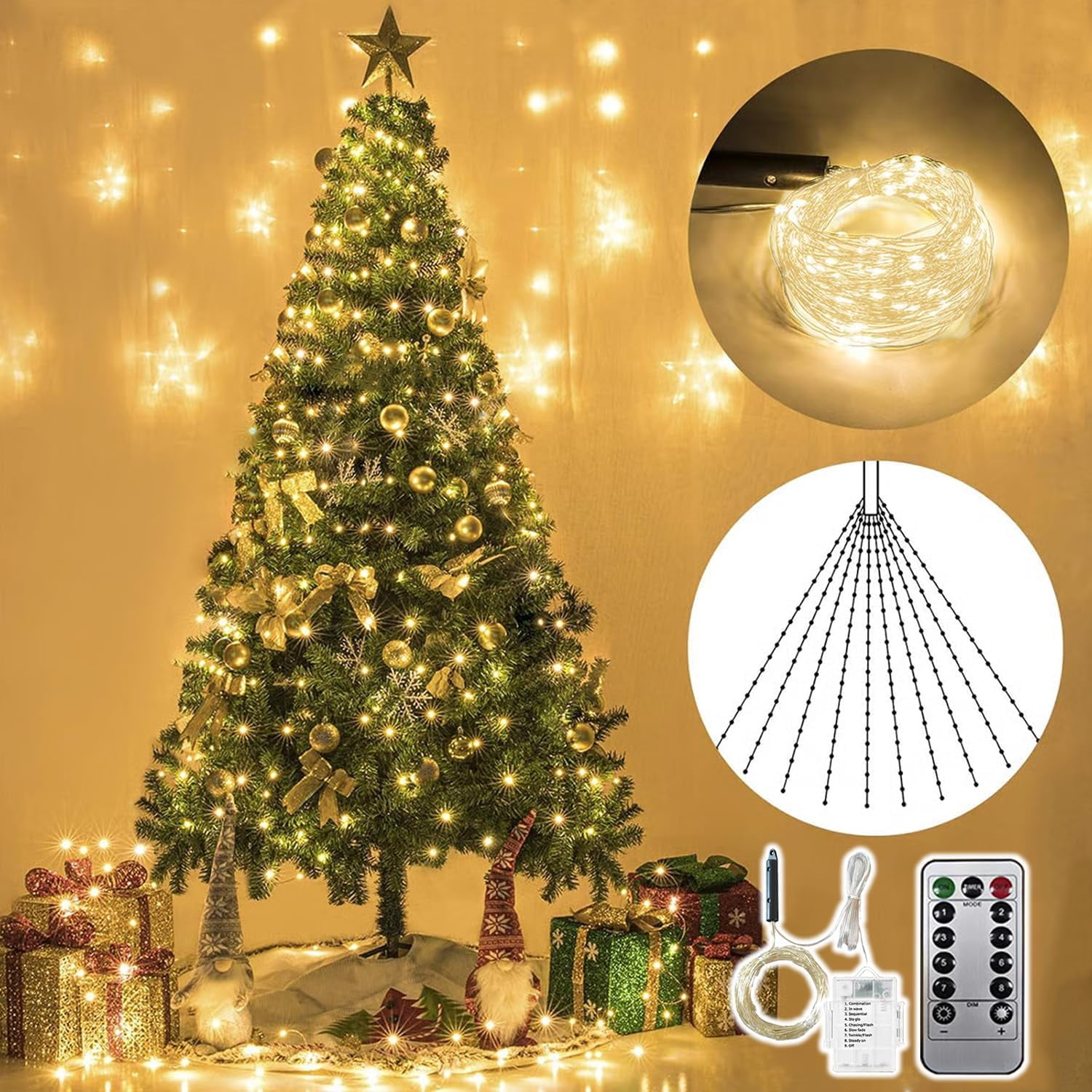 Cascading Twinkle Lights for Christmas Tree, Cascading Lights, 8 Modes 100-600 Christmas LED ...
