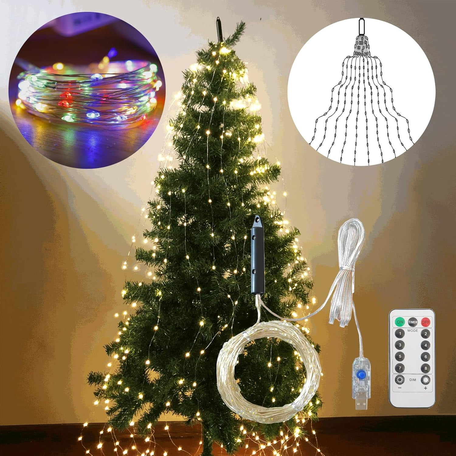 Cascading Twinkle Lights for Christmas Tree, 8 Modes Christmas Firefly ...