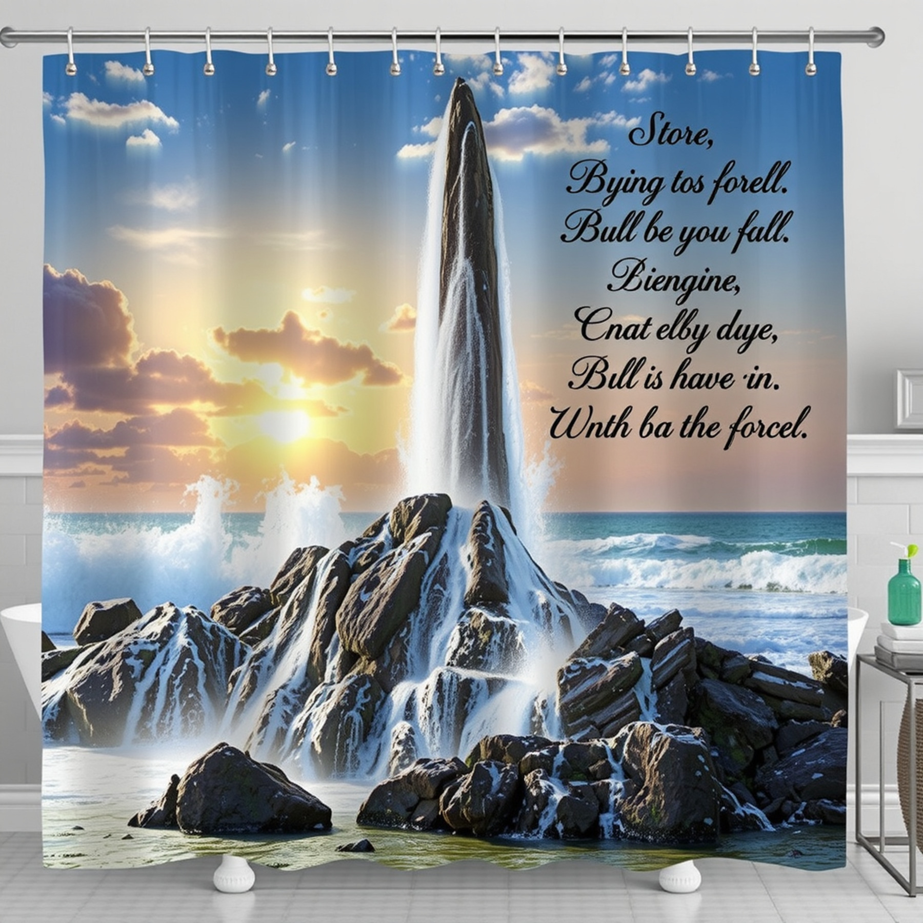 Cascading Waterfall Shower Curtain - Vibrant Ocean Scene with Poem ...