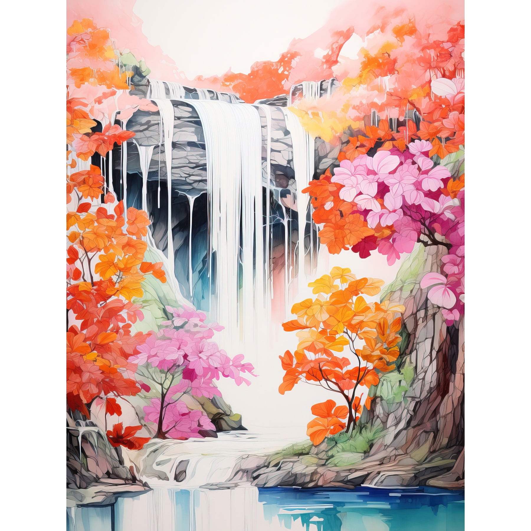 Cascading Waterfall in Orange Pink Tree Lush Forest Vibrant Watercolour ...