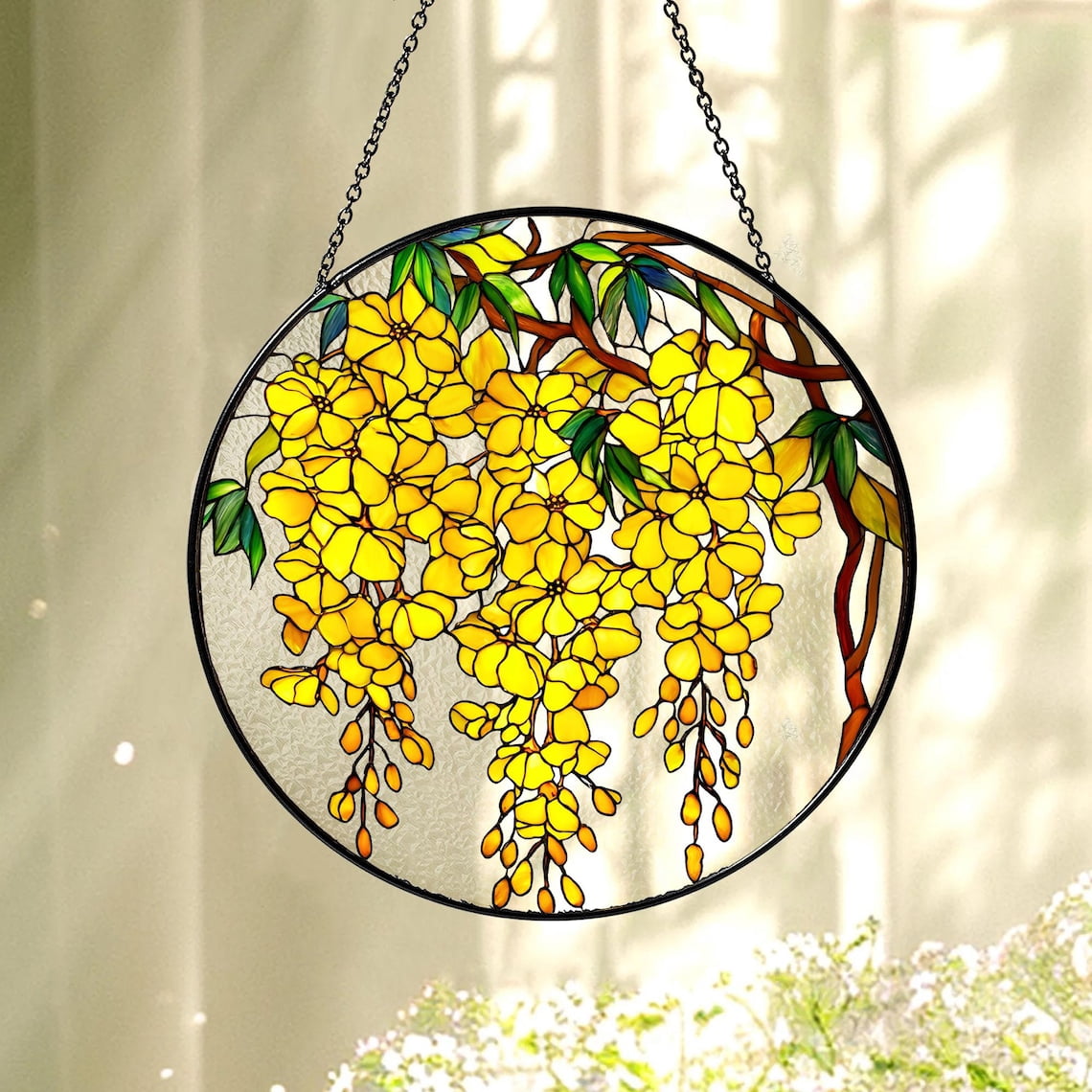 Cascading Yellow Flower Glass Suncatcher, Floral Window Hanging Decor ...