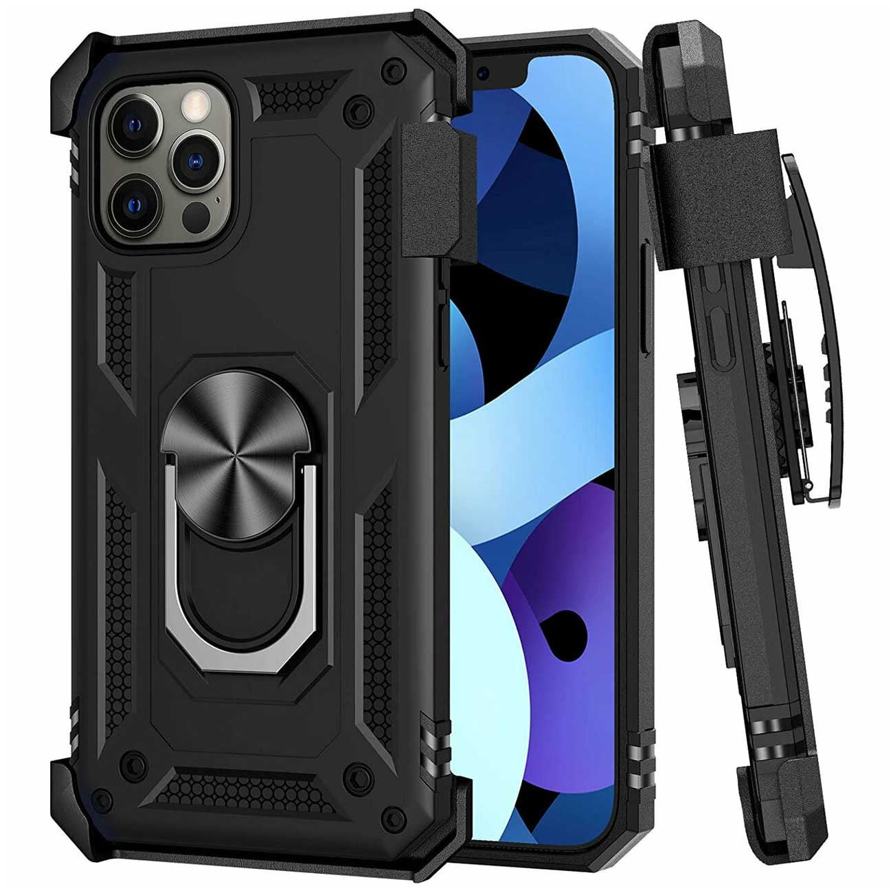 Case Belt Clip Holster for iPhone 16 Pro - Swivel Metal Ring Cover Kickstand Combo Drop-Proof ...