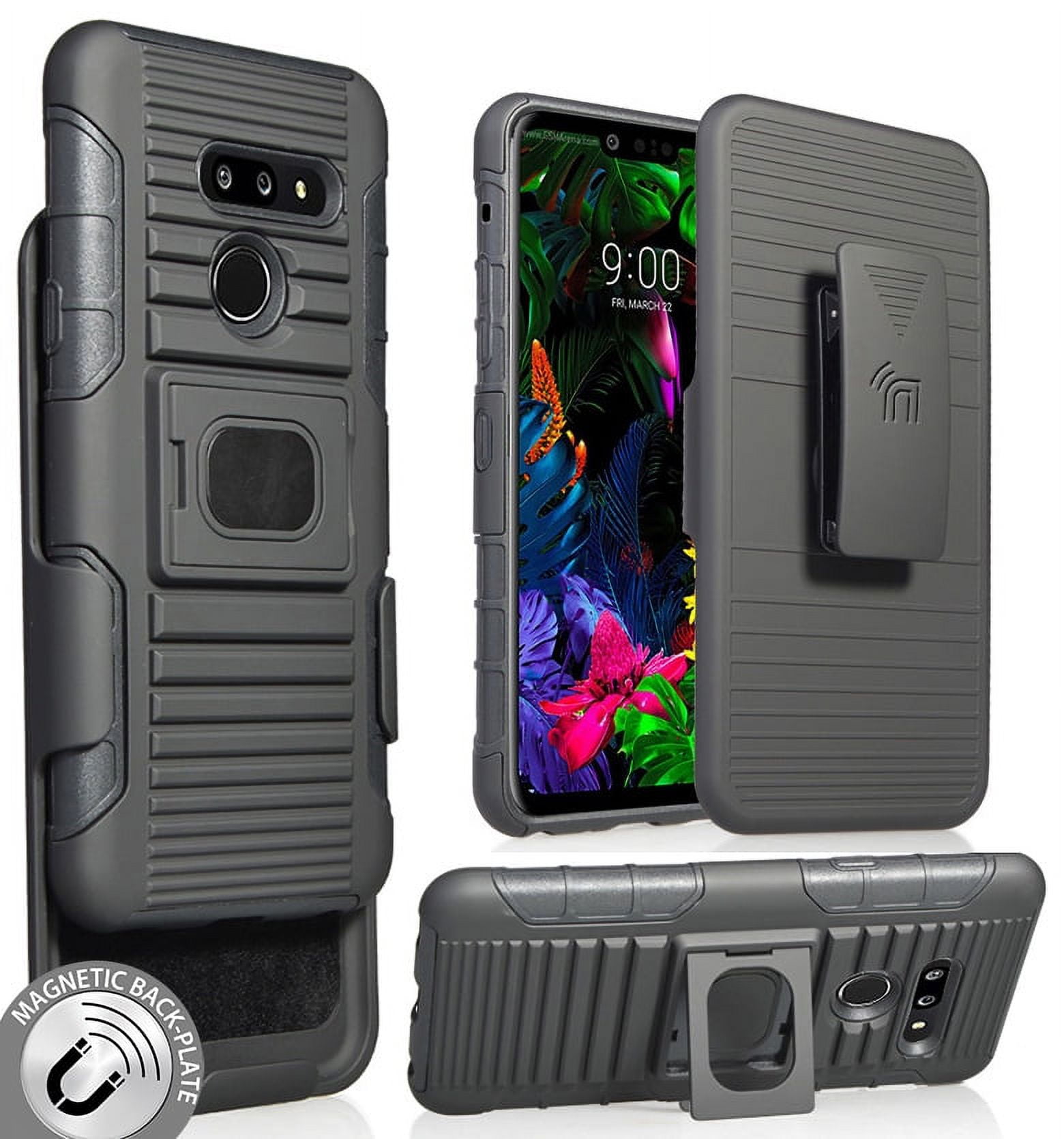 Case with Clip for LG G8 ThinQ, Nakedcellphone Black Rugged Ring Grip Cover + Belt Hip Holster ...