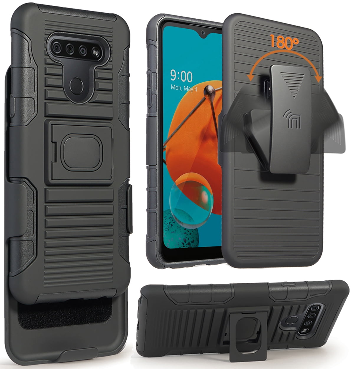 Case with Clip for LG K51, Nakedcellphone Black Rugged Ring Grip Cover ...