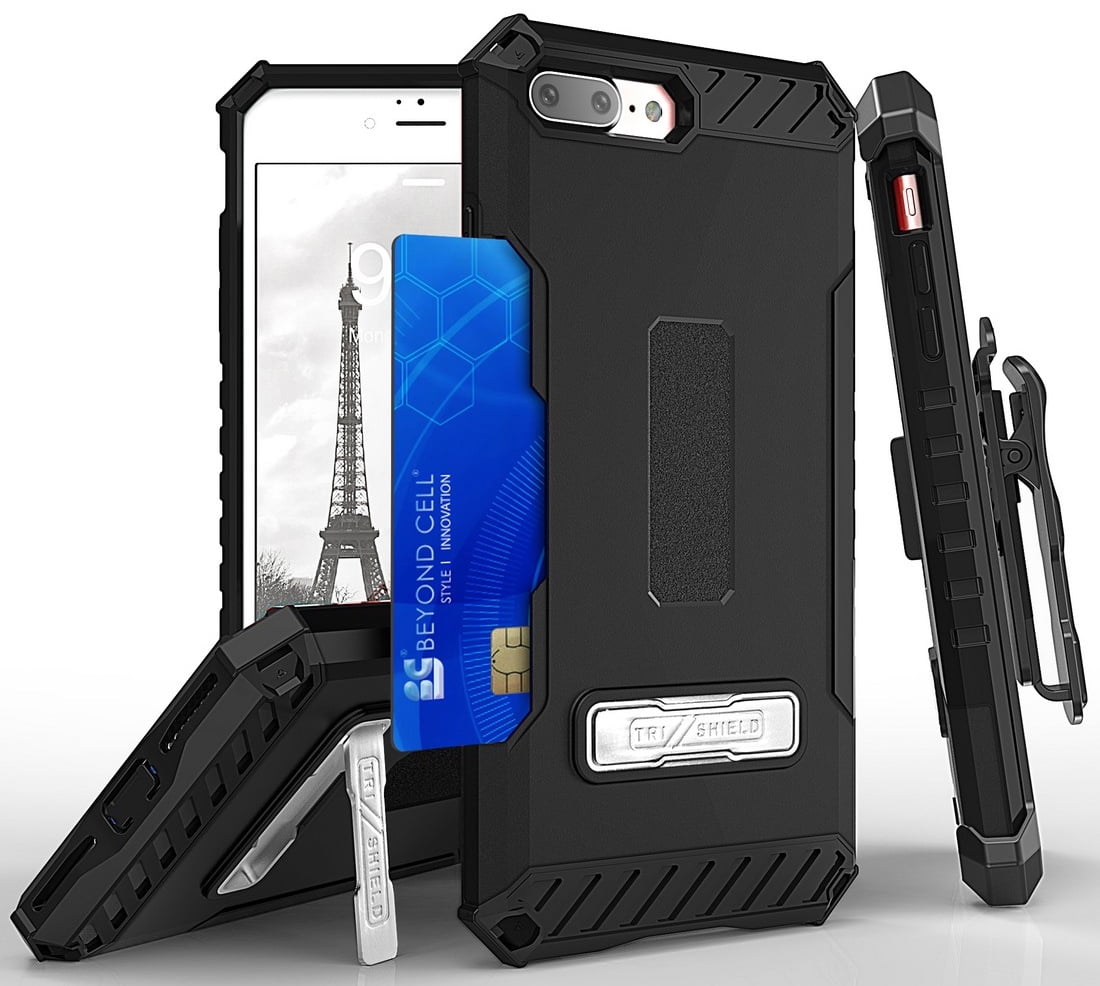 Case with Clip for iPhone 8 Plus, Black Tri-Shield Rugged Cover and ...