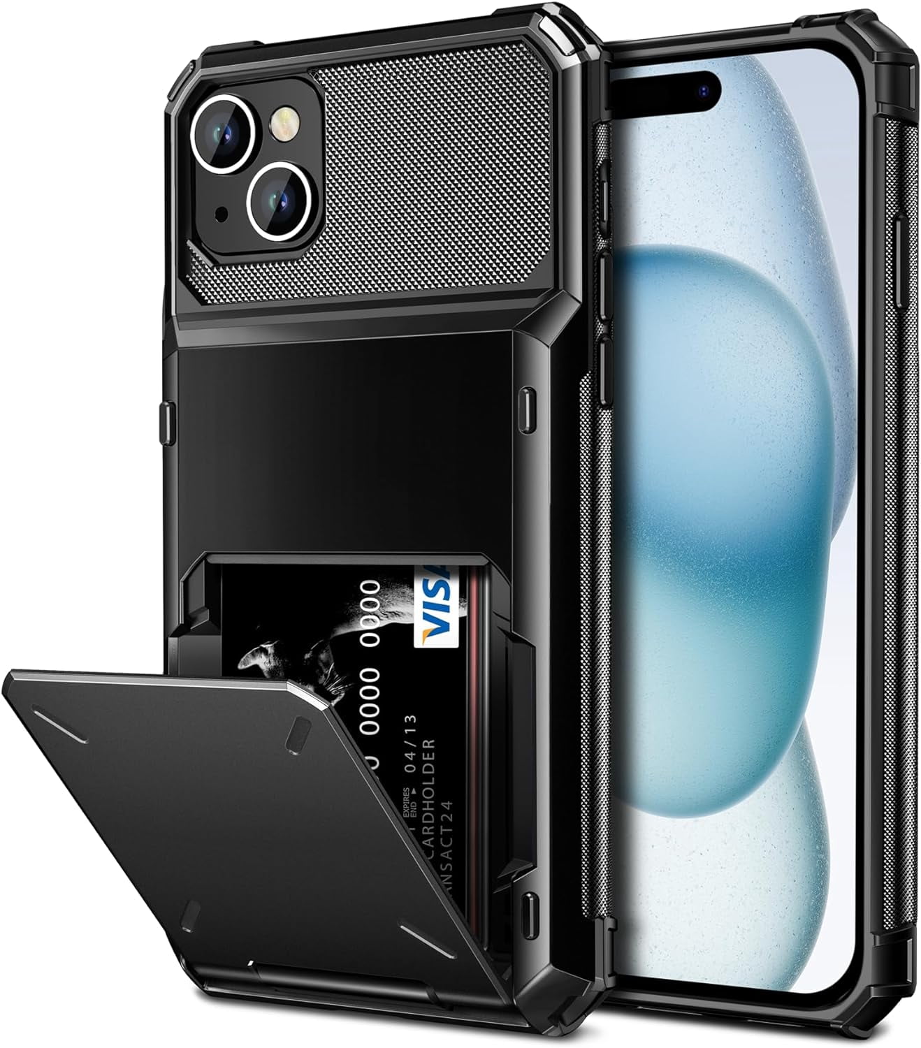 Case Compatible with iPhone 15 with Card Holder 4-Card Dual Layer Heavy ...