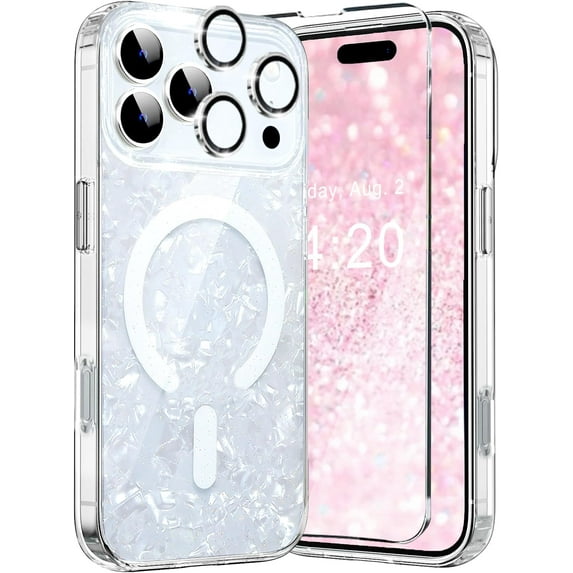 Case Compatible iPhone 17 Pro MagSafe White Opal Pearly Glitter Sparkly ...