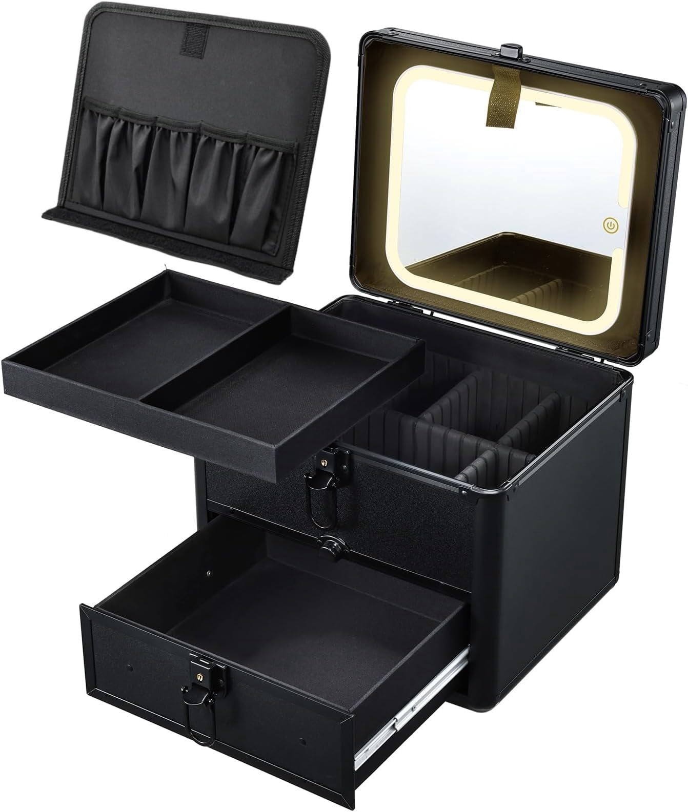 Case with Drawer, Detachable Lighted Mirror, Organizer Box Travel Make ...