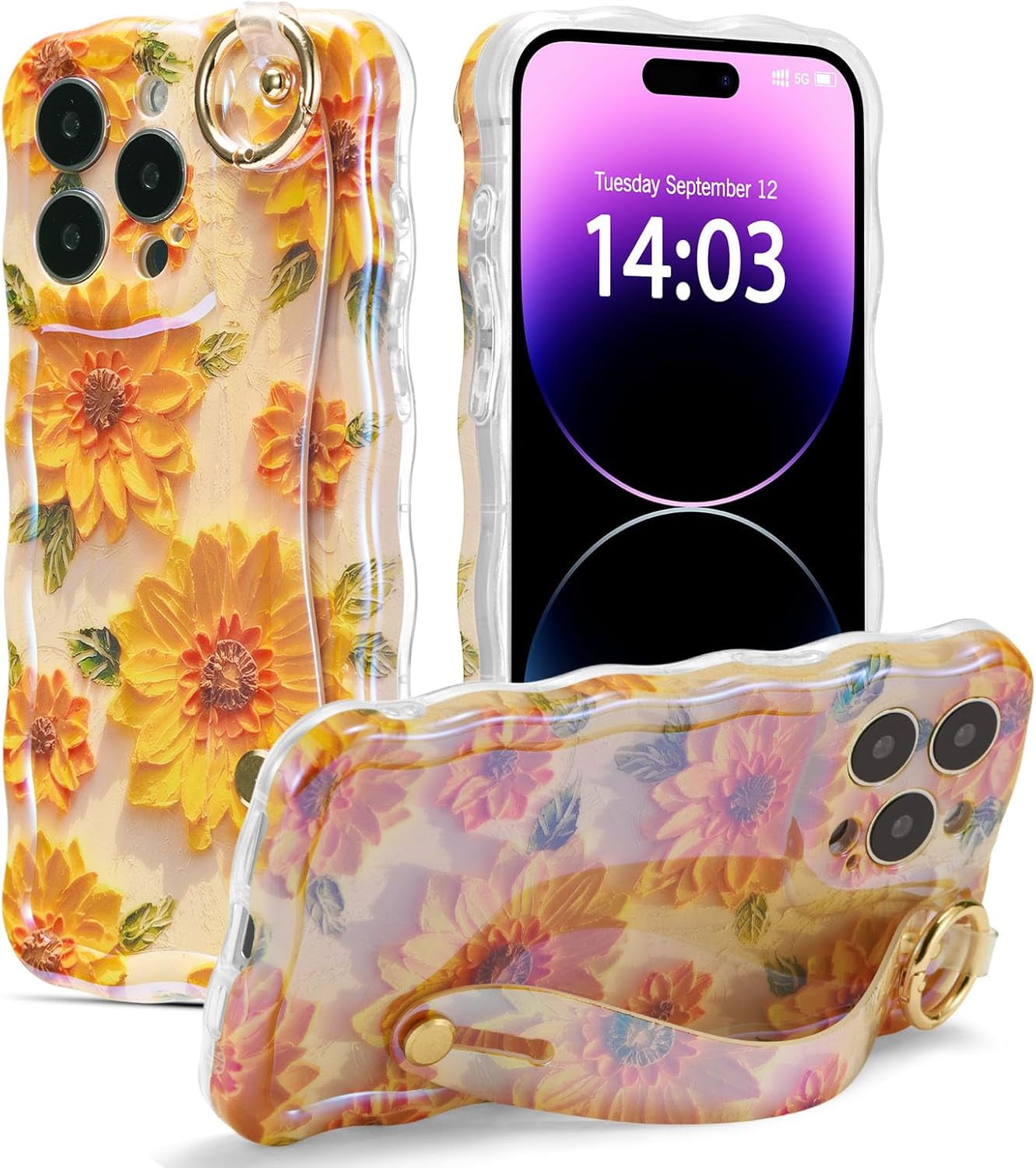 Case with Hand Strap for iPhone 15 Pro, Colorful Oil Painting Flower ...