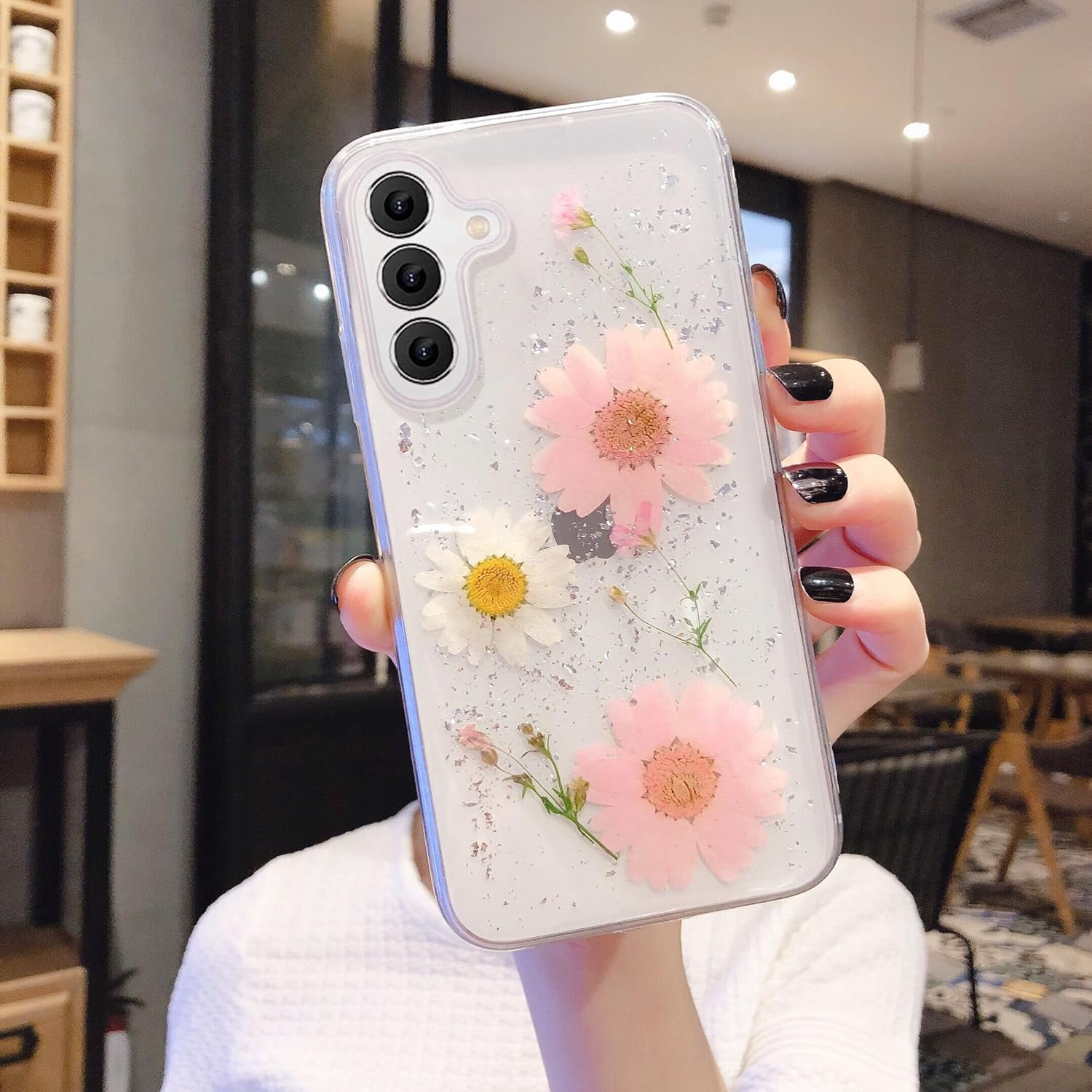 Case for Samsung Galaxy A15 4G/5G, Bling Glitter Sequin Handmade Real Dried Flower Leaf Clear ...