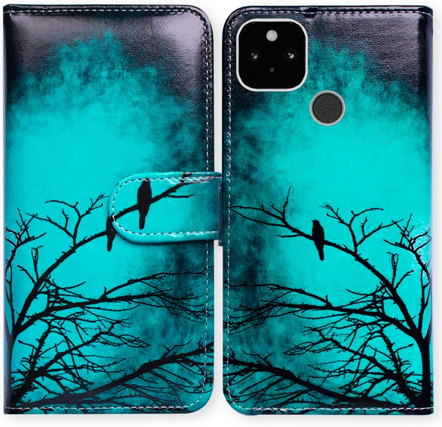 Case for Google Pixel 5, Black Bird Green Leather Flip Phone Case ...