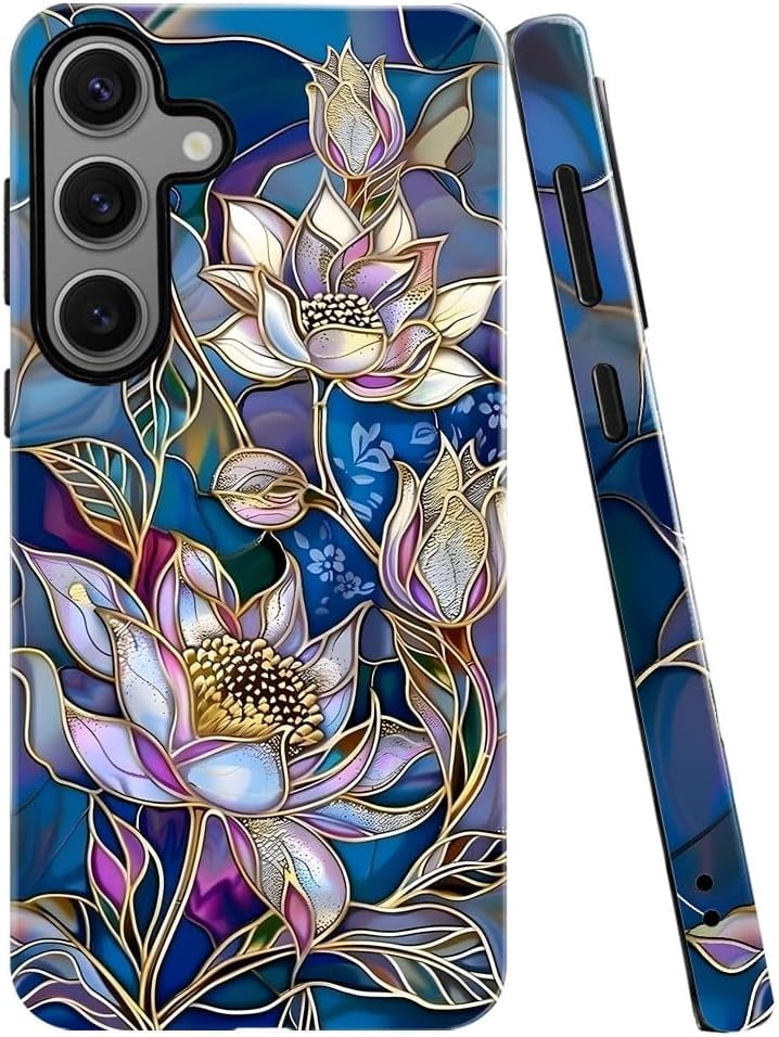 Case for Samsung Galaxy S24 FE, Stained Glass Lotus Flowers Gold Purple ...