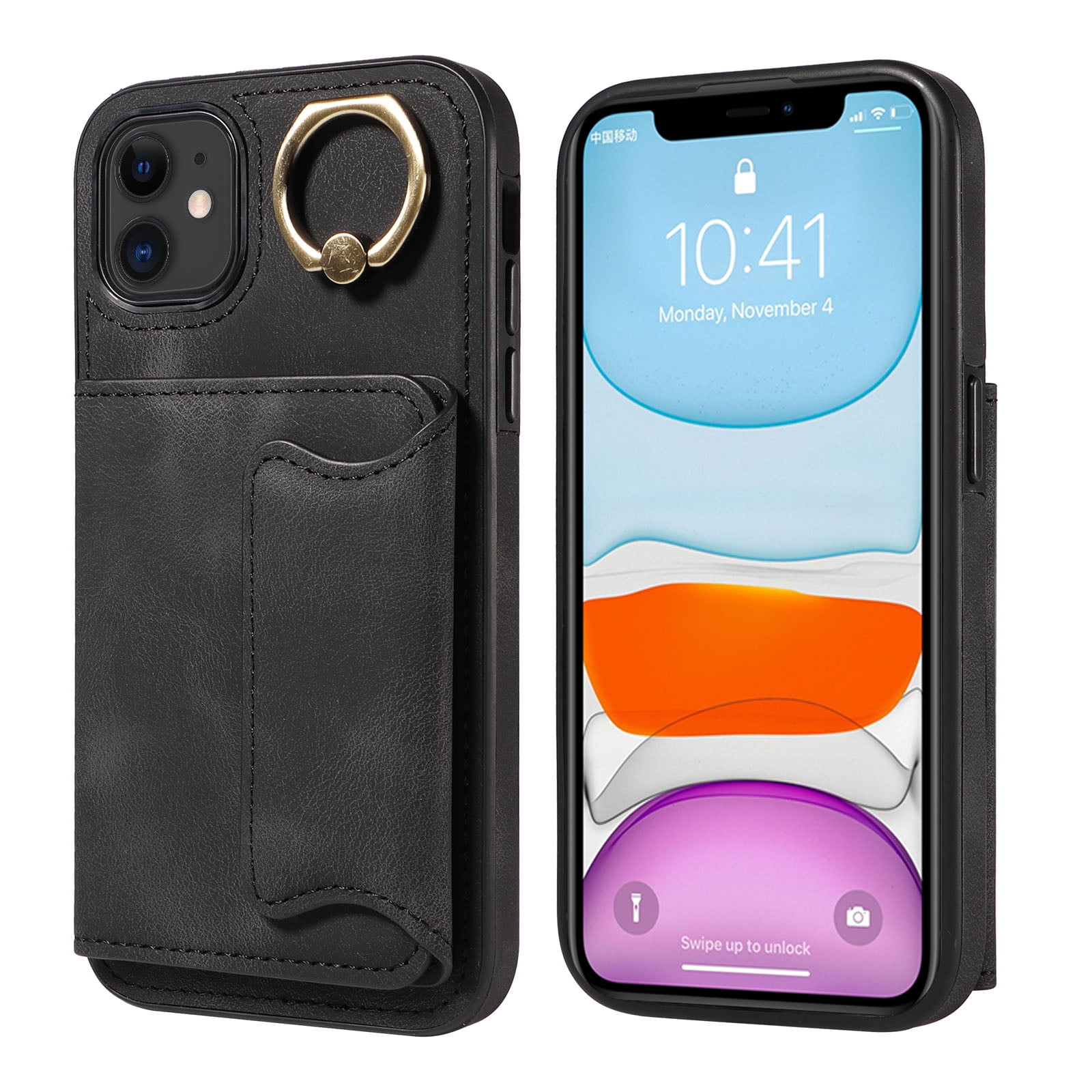 Case for iPhone 11, PU Leather 3 Card Slots with Finger Ring Holder ...