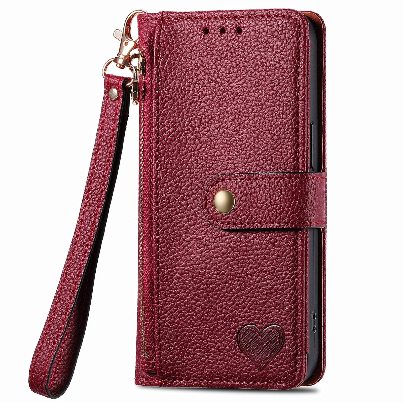 Case for iPhone 12 Pro max Zipper pocket wallet with wristband, PU leather stand flip phone case ...