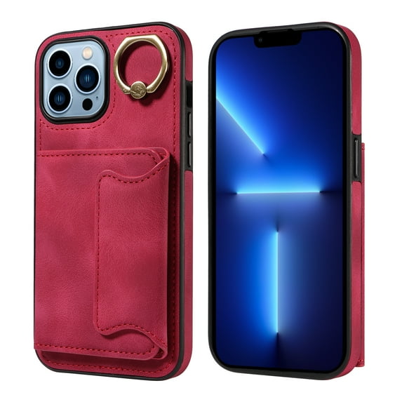 Case for iPhone 13 Pro Max, PU Leather 3 Card Slots with Finger Ring ...