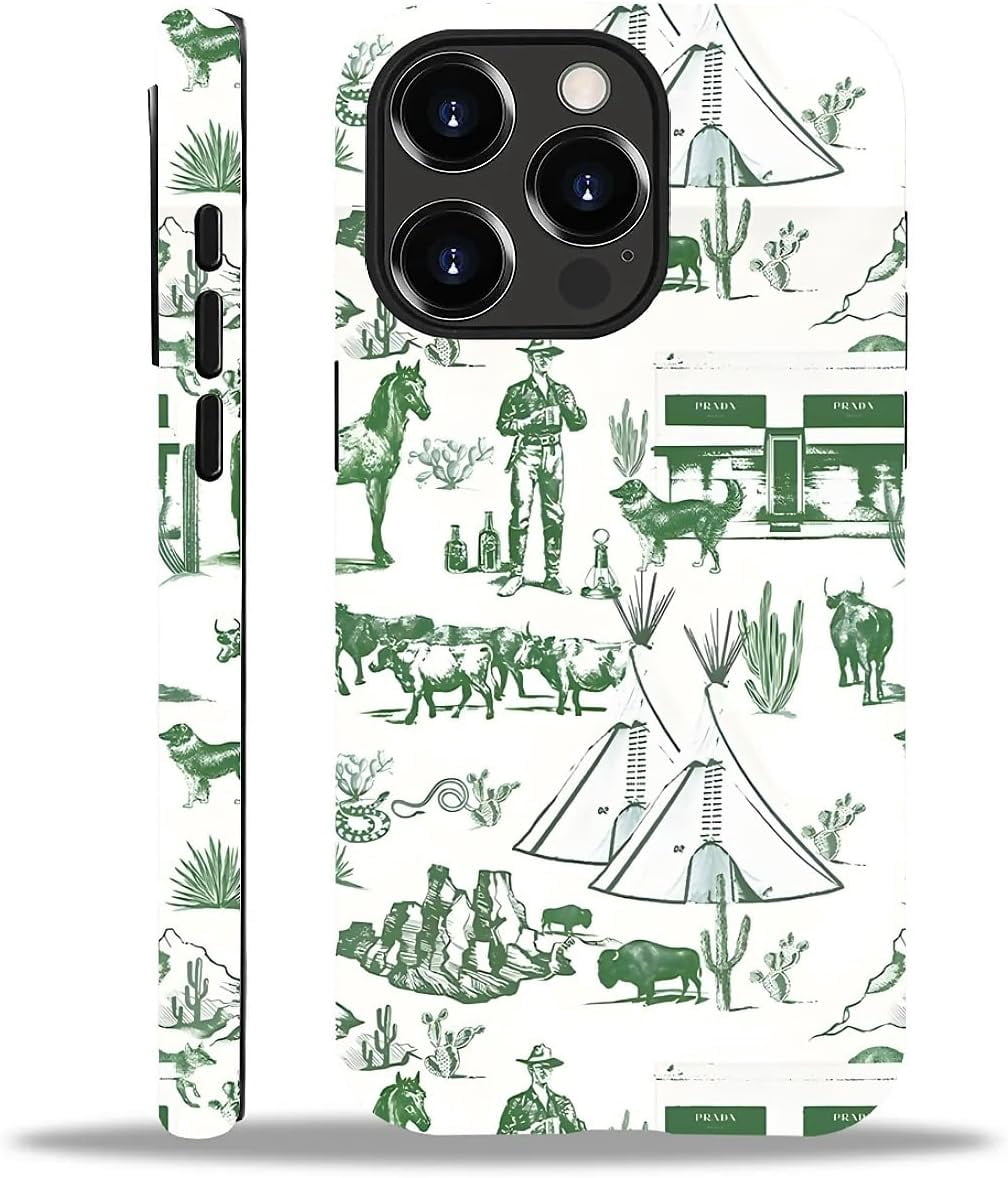 Case for iPhone 14 Pro,Green Cow Horse Tribe Exquisitely Pattern Double ...