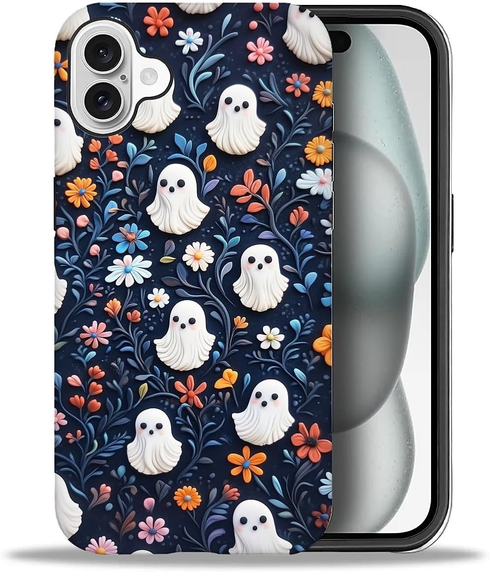 Case for iPhone 16,Cute Ghost Flowers Exquisitely Pattern Double ...