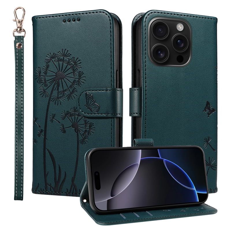 Case for iPhone 16E Embossed dandelion skin phone case, flip wallet ...