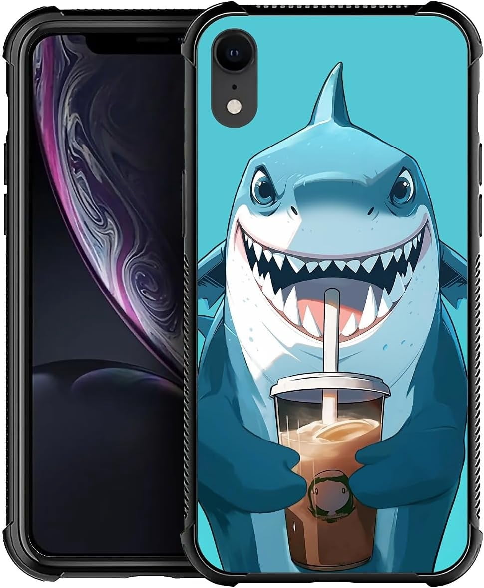 Case for iPhone XR Case, Cartoon Shark Drink Coffee Pattern Graphic ...