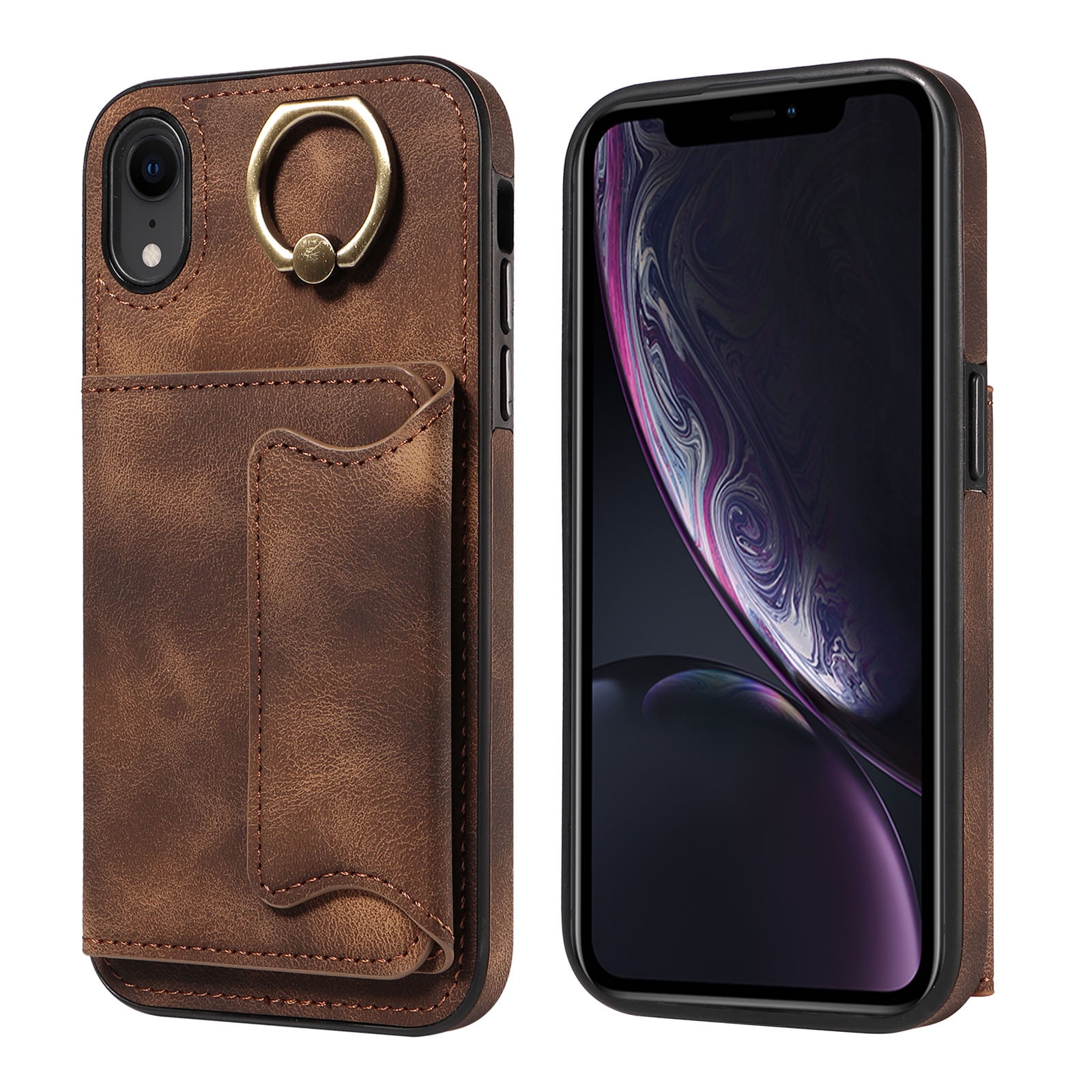 Case for iPhone XR, PU Leather 3 Card Slots with Finger Ring Holder ...