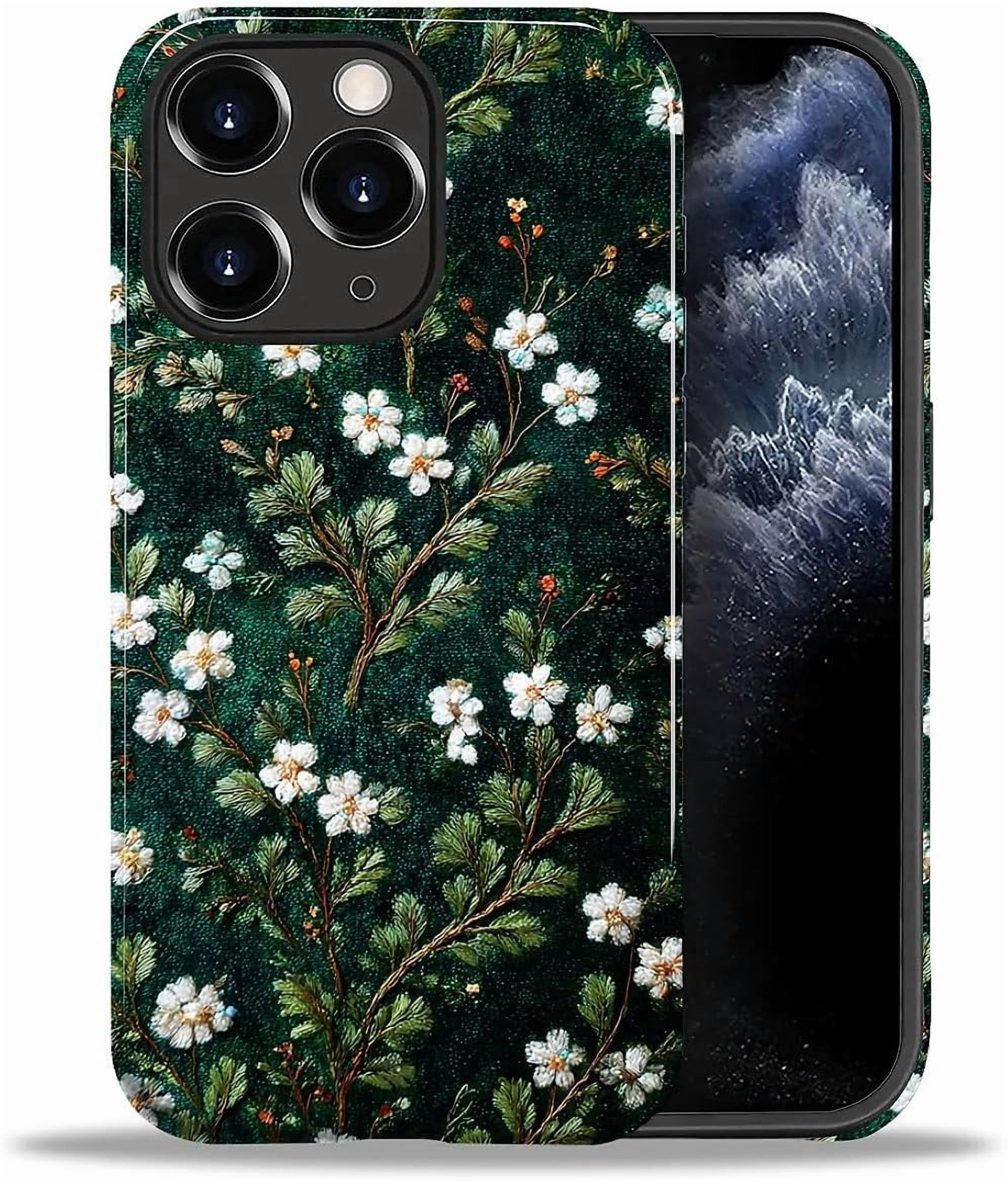 Case for iPhone 11 Pro, Green Floral Embroidery Botanical Design Hybrid ...