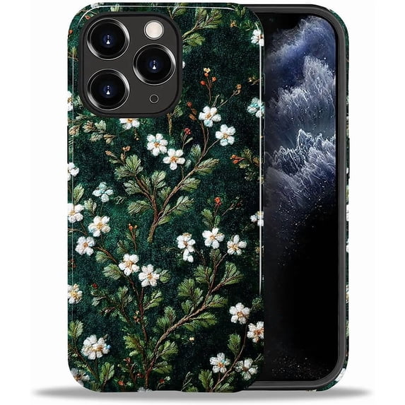 Case for iPhone 11 Pro, Green Floral Embroidery Botanical Design Hybrid ...