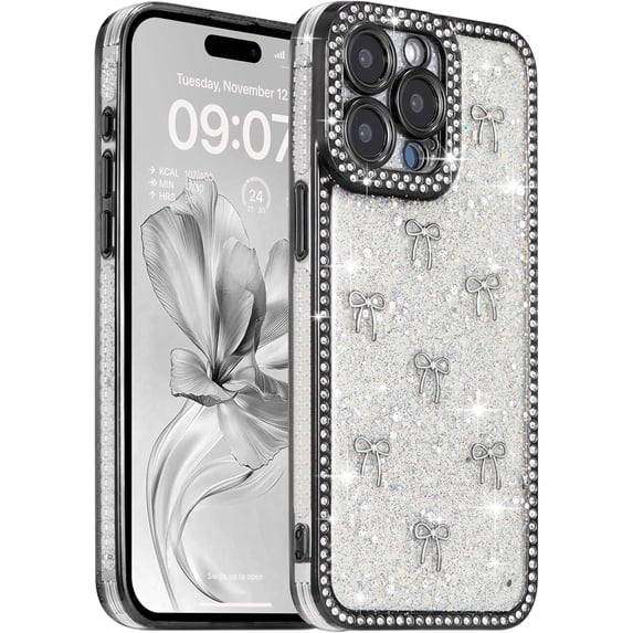 Case for iPhone 12,3D Silvery Ribbon Bow,Crystal Clear Glitter Diamond ...