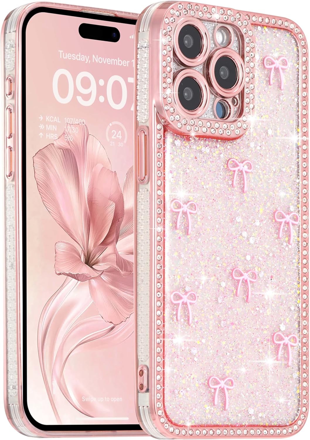 Case for iPhone 12 Pro Max,3D Pink Ribbon Bow,Crystal Clear Glitter ...