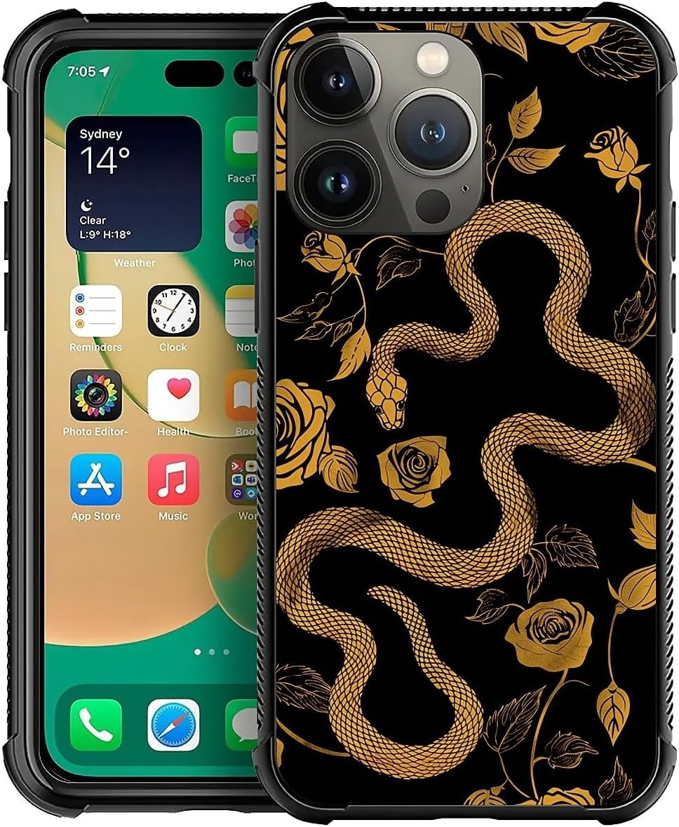 Case for iPhone 12 Pro Max Case, Golden Snake Rose Pattern Graphic ...