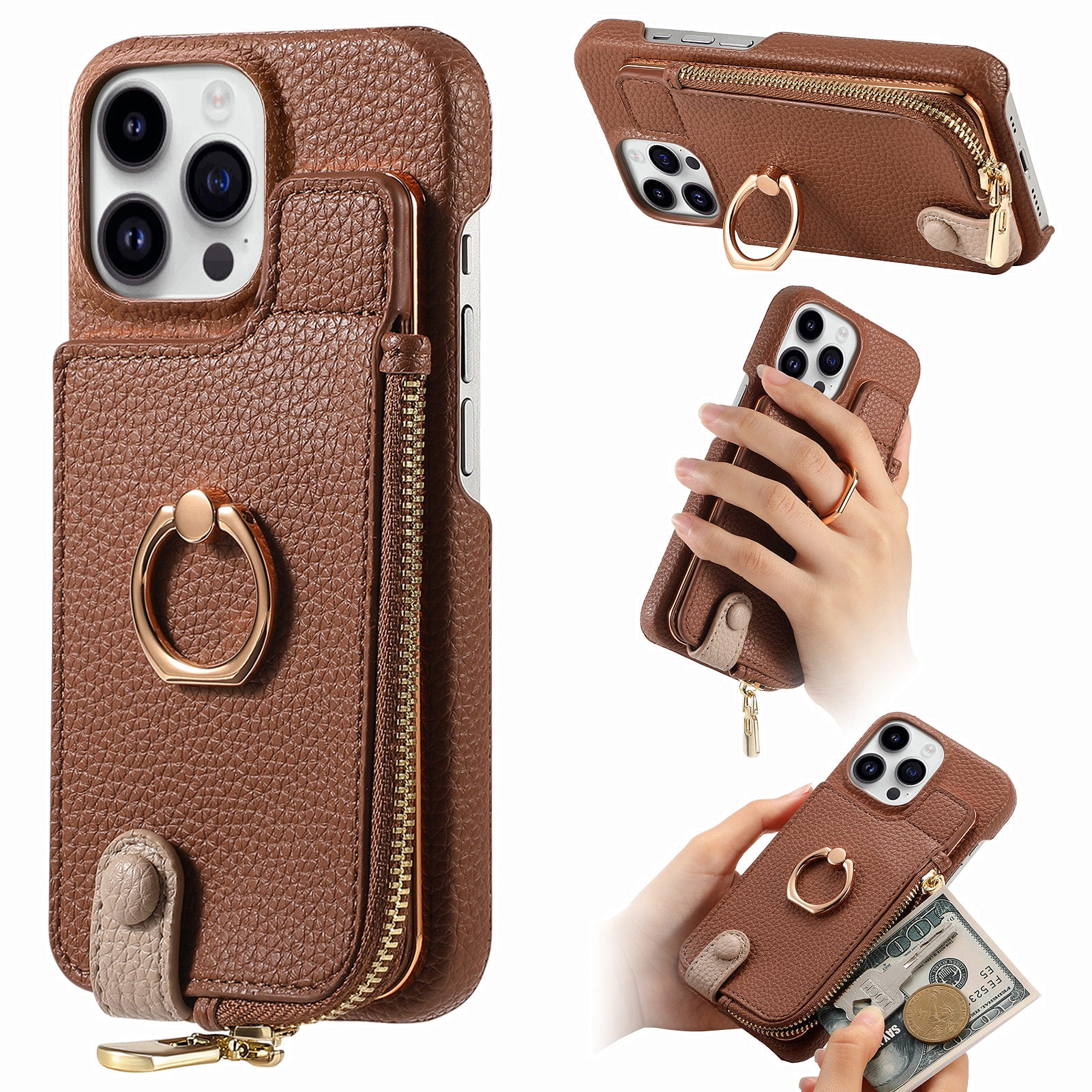 Case for iPhone 12 Pro Max Zipper Wallet Case, PU Leather Case with Card Holder, Ring Holder ...